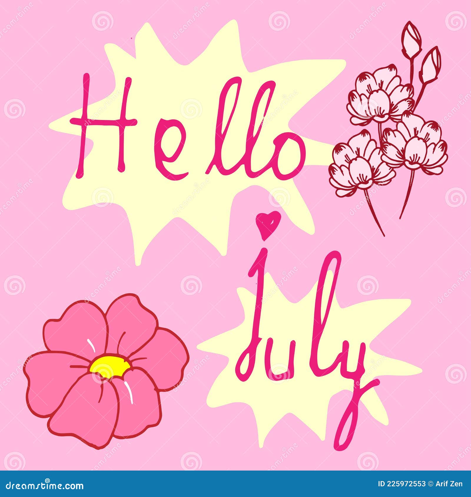 July Celebration: Hand-Drawn Lettering and Pink Flower Illustration for ...