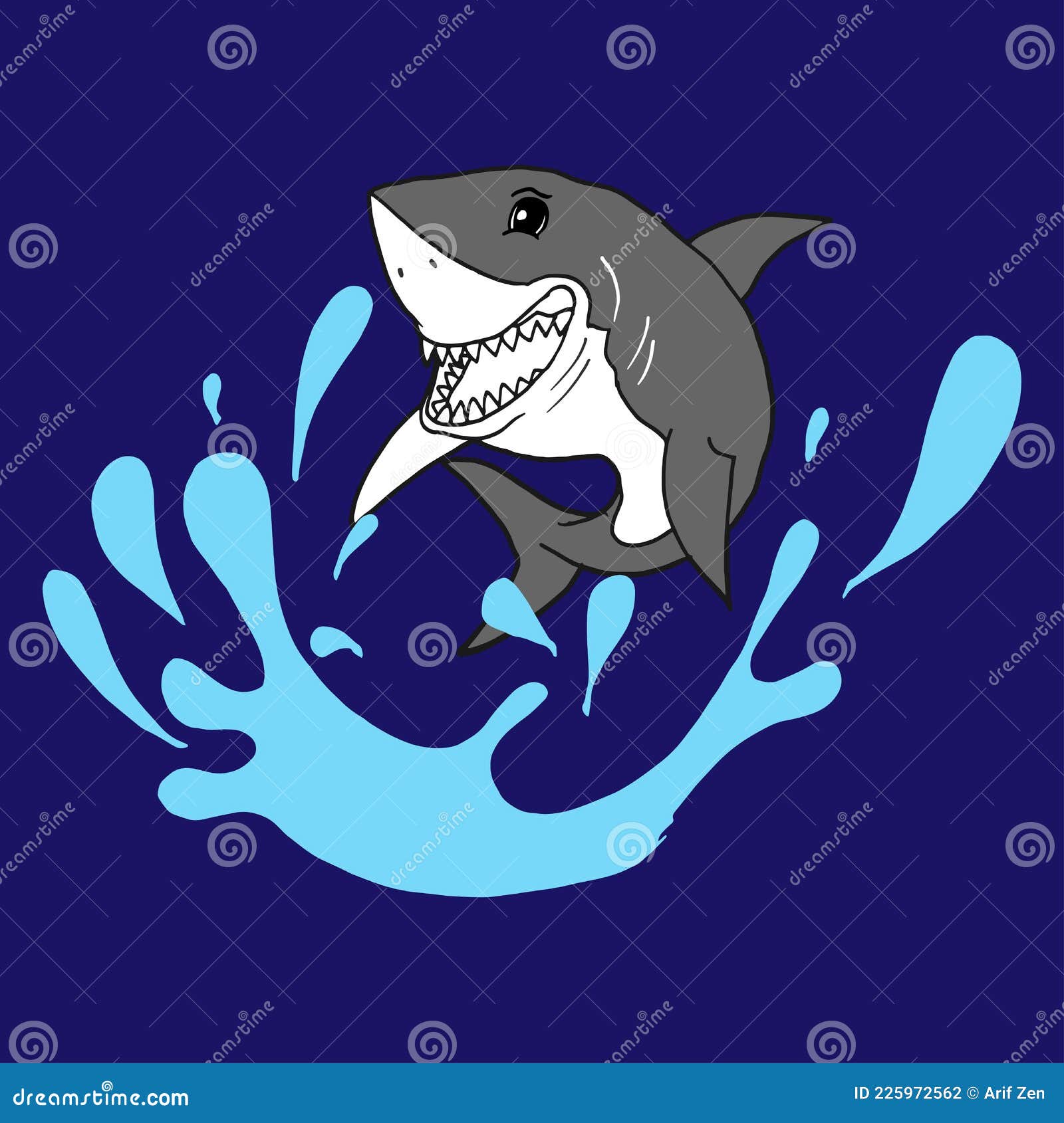 Jumping Shark in the Water Illustration on Dark Blue Background. Sea ...