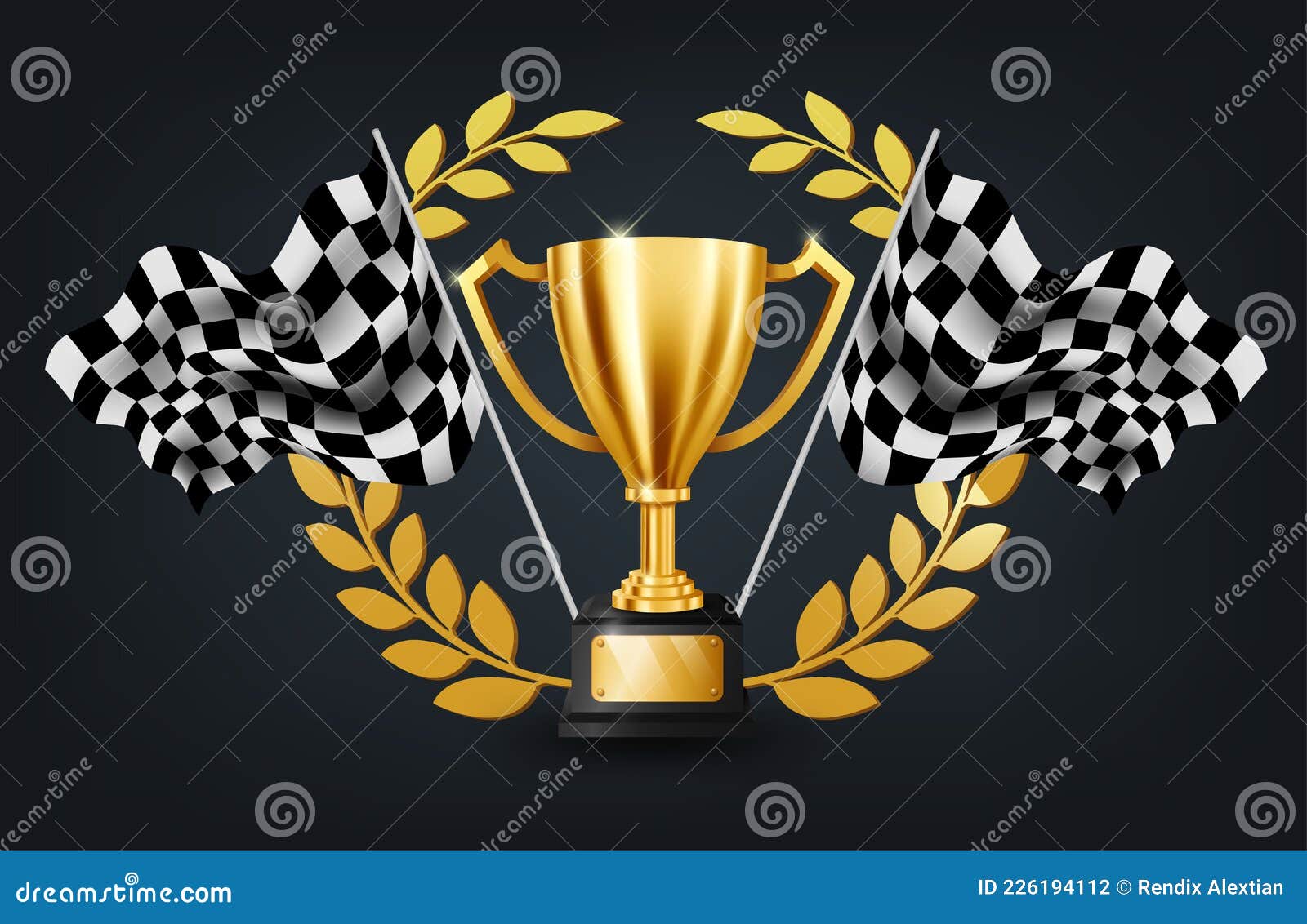 Realistic Golden Trophy with Gold Laurel Wreath and Checkered Flag ...