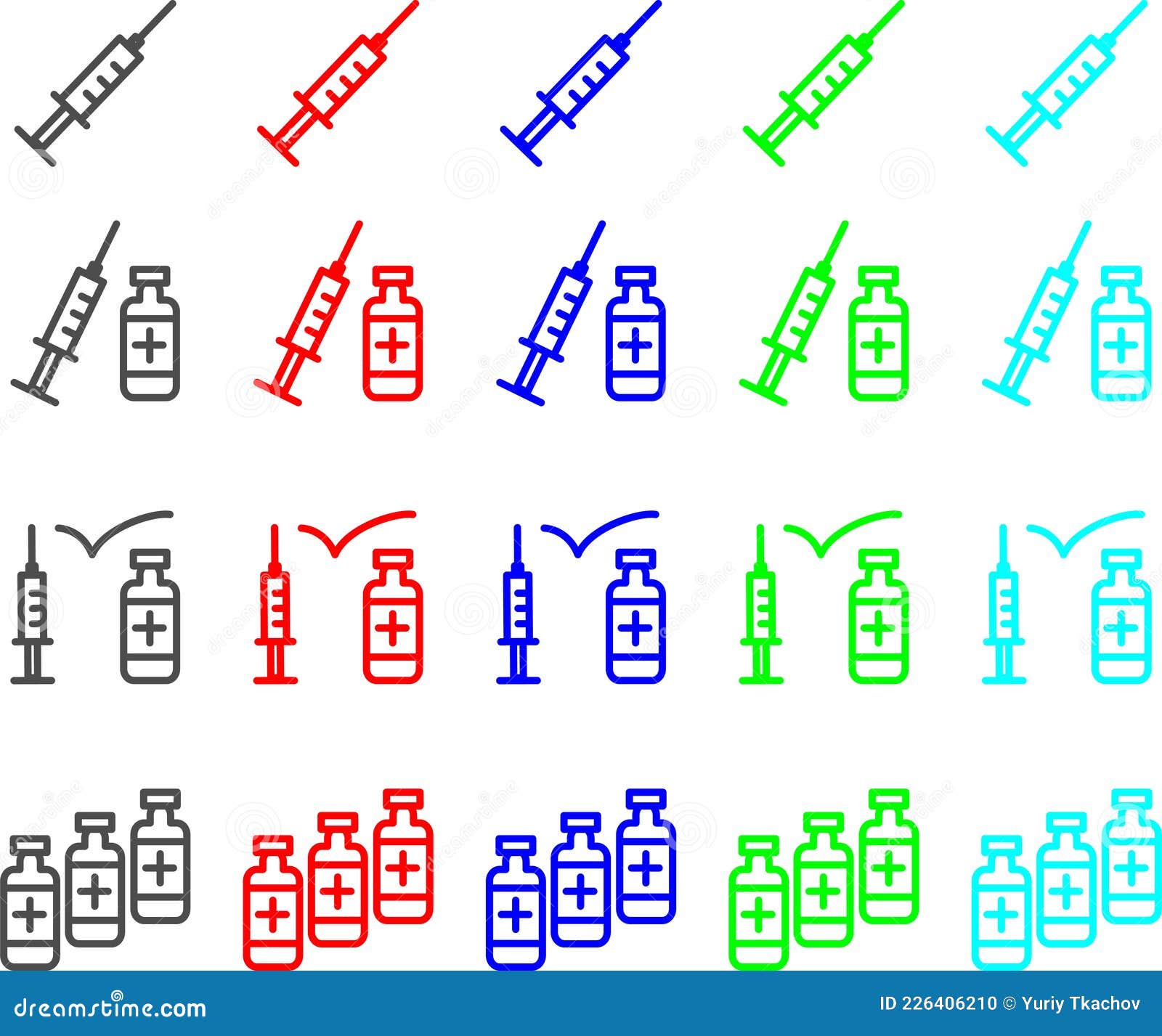 Injector and Coronavirus Vaccine Icons in 5 Colors: Gray, Red, Blue ...