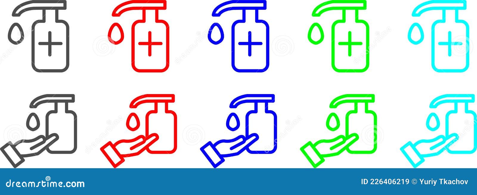 Sanitizer Usage Icons in 5 Colors: Gray, Red, Blue, Green, Cyan. Stock ...