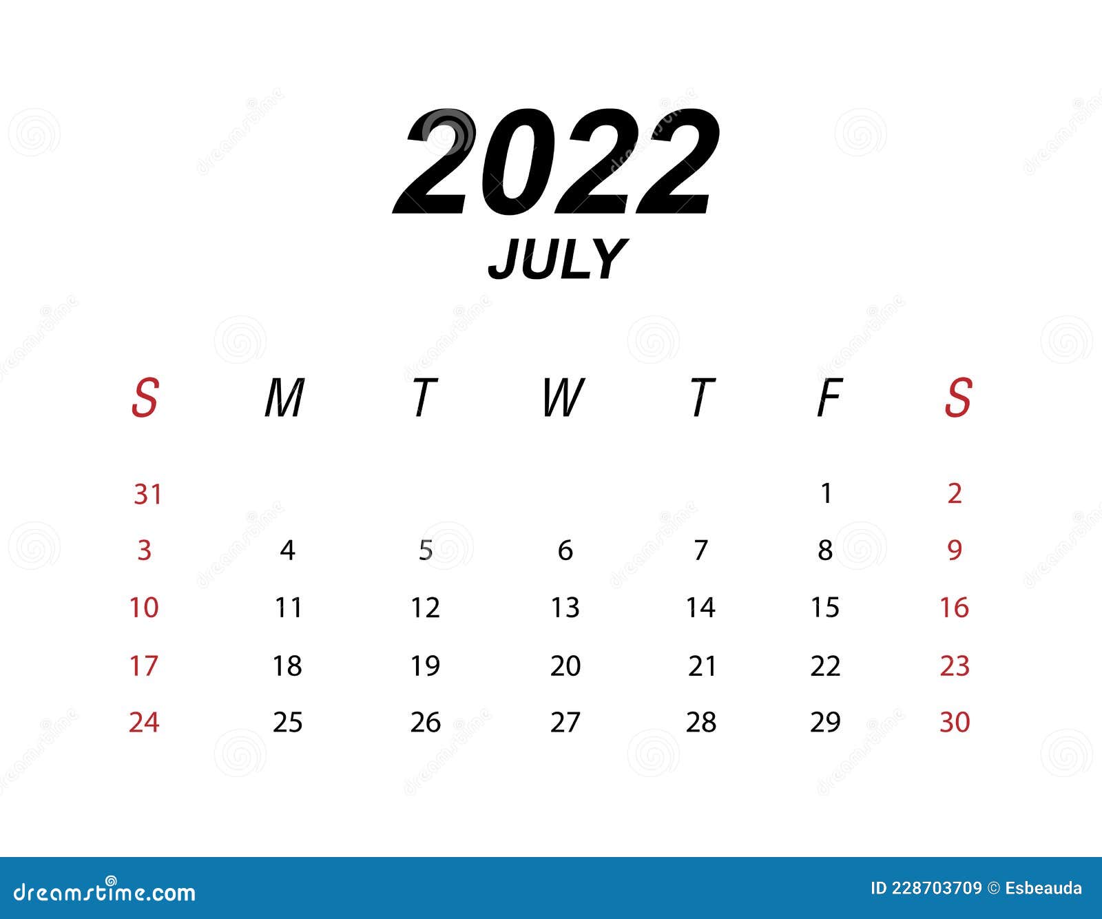 Template of Calendar 2022 July Stock Vector - Illustration of date ...