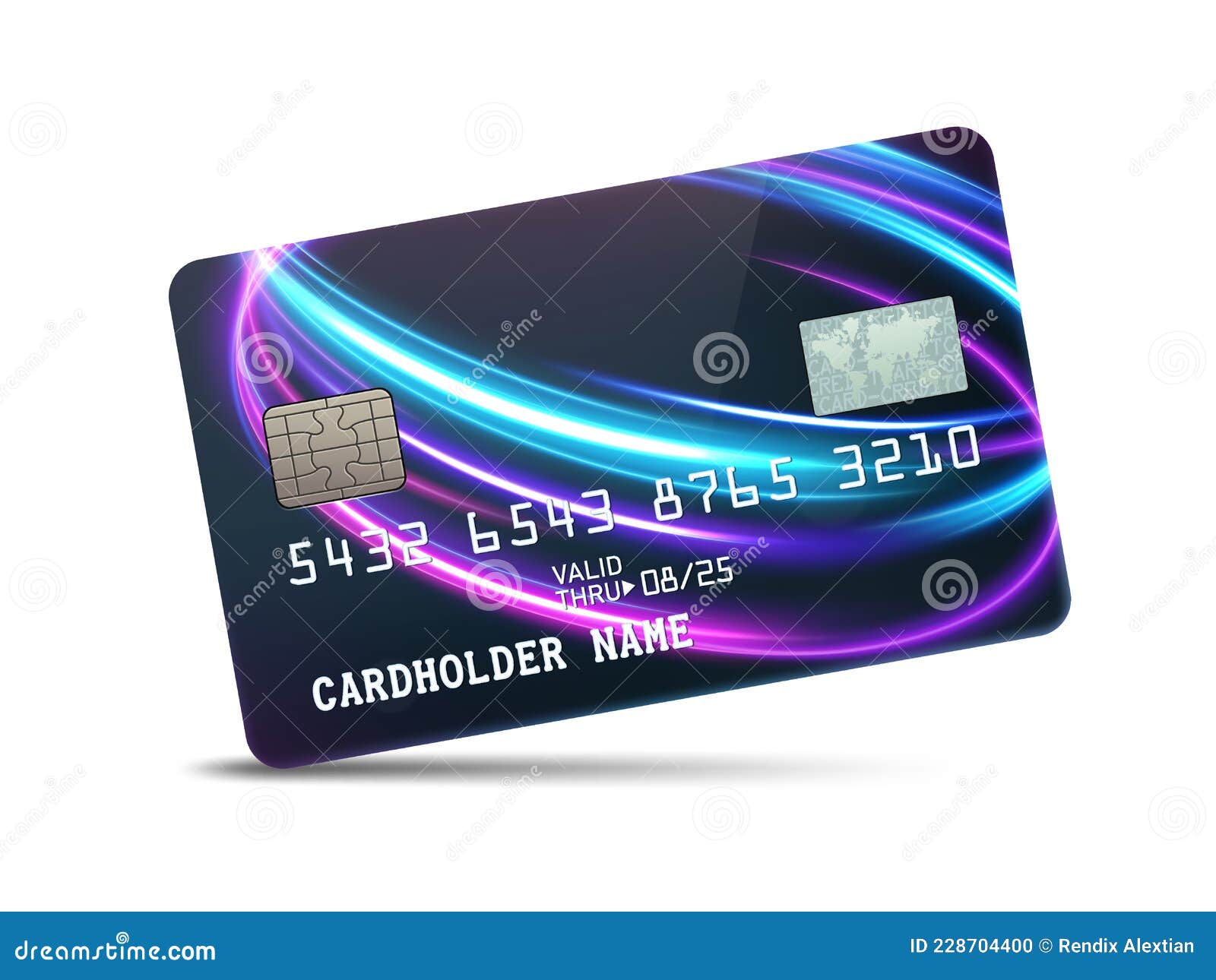 Detailed Glossy Platinum Credit Card with Wavy Neon Light Decoration ...