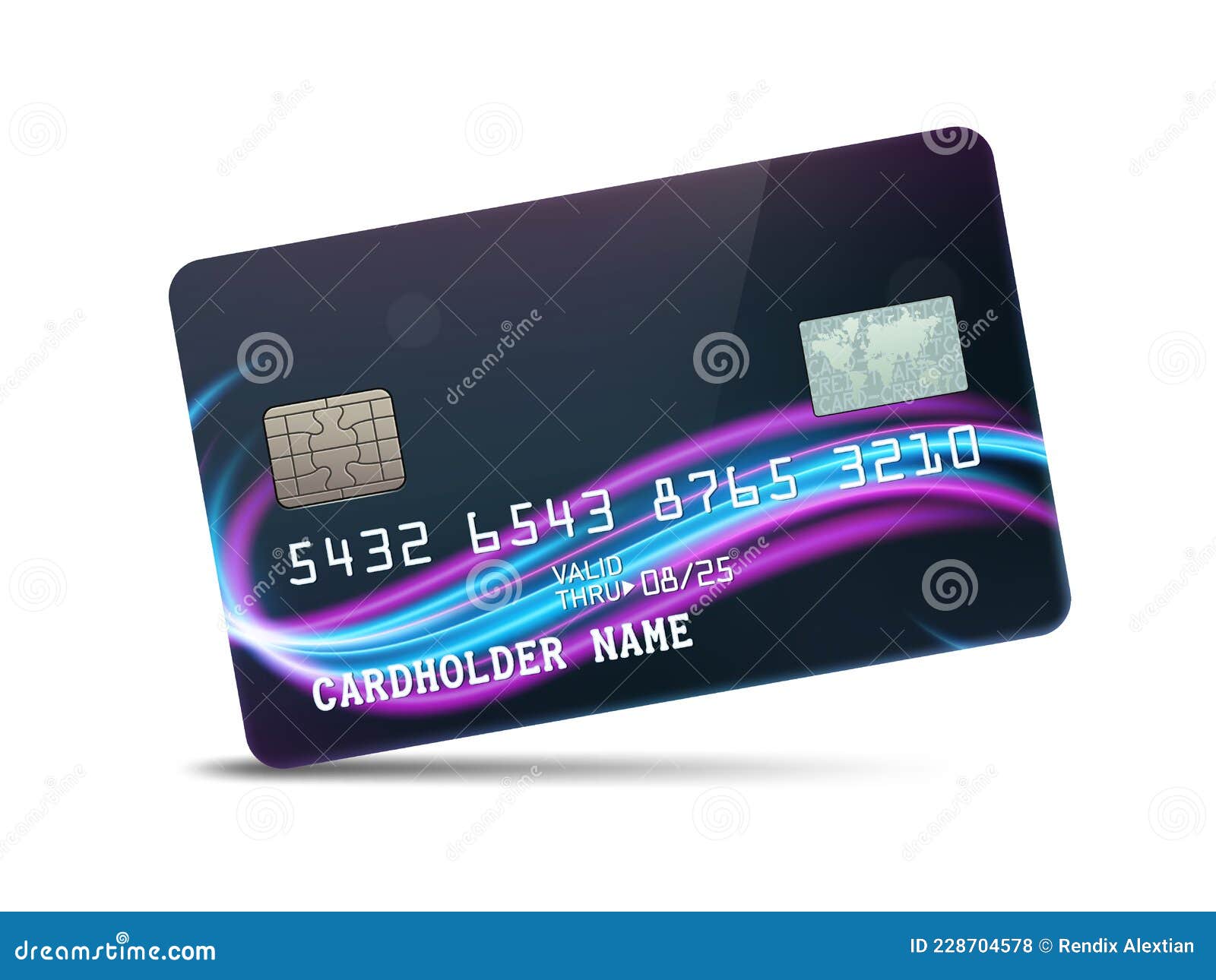 Detailed Glossy Platinum Credit Card with Wavy Neon Light Decoration ...