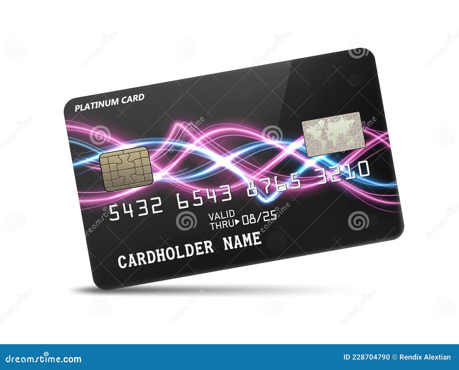 Detailed Glossy Platinum Credit Card with Wavy Neon Light Decoration ...