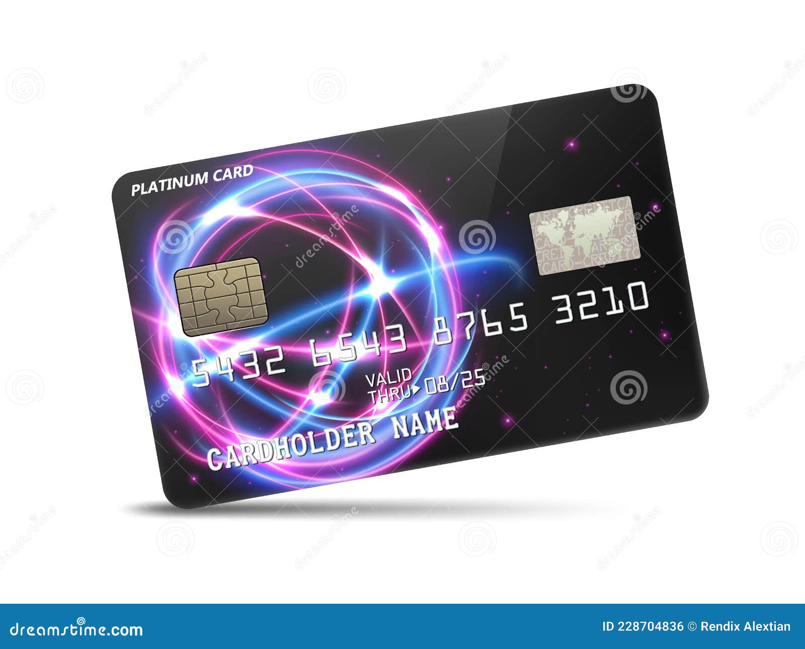 Detailed Glossy Platinum Credit Card with Wavy Neon Light Decoration ...