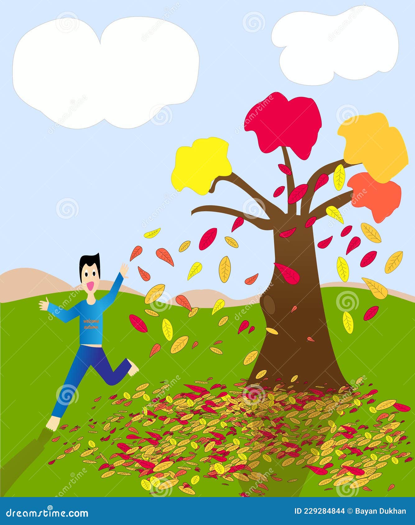 Autumn Drawing- Happy Boy Jumping, Next To Him Falling Leaves Stock ...