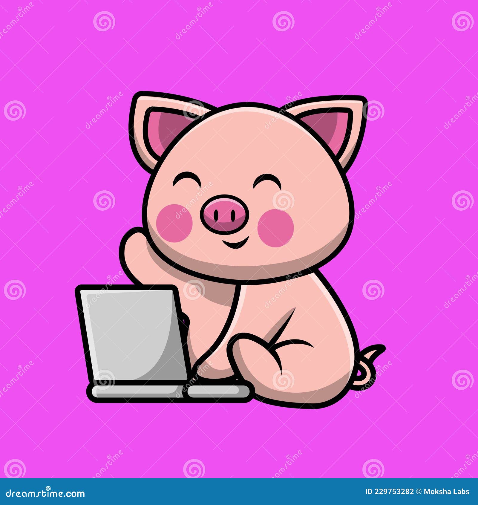 Cute Pig Working on Laptop stock vector. Illustration of character ...