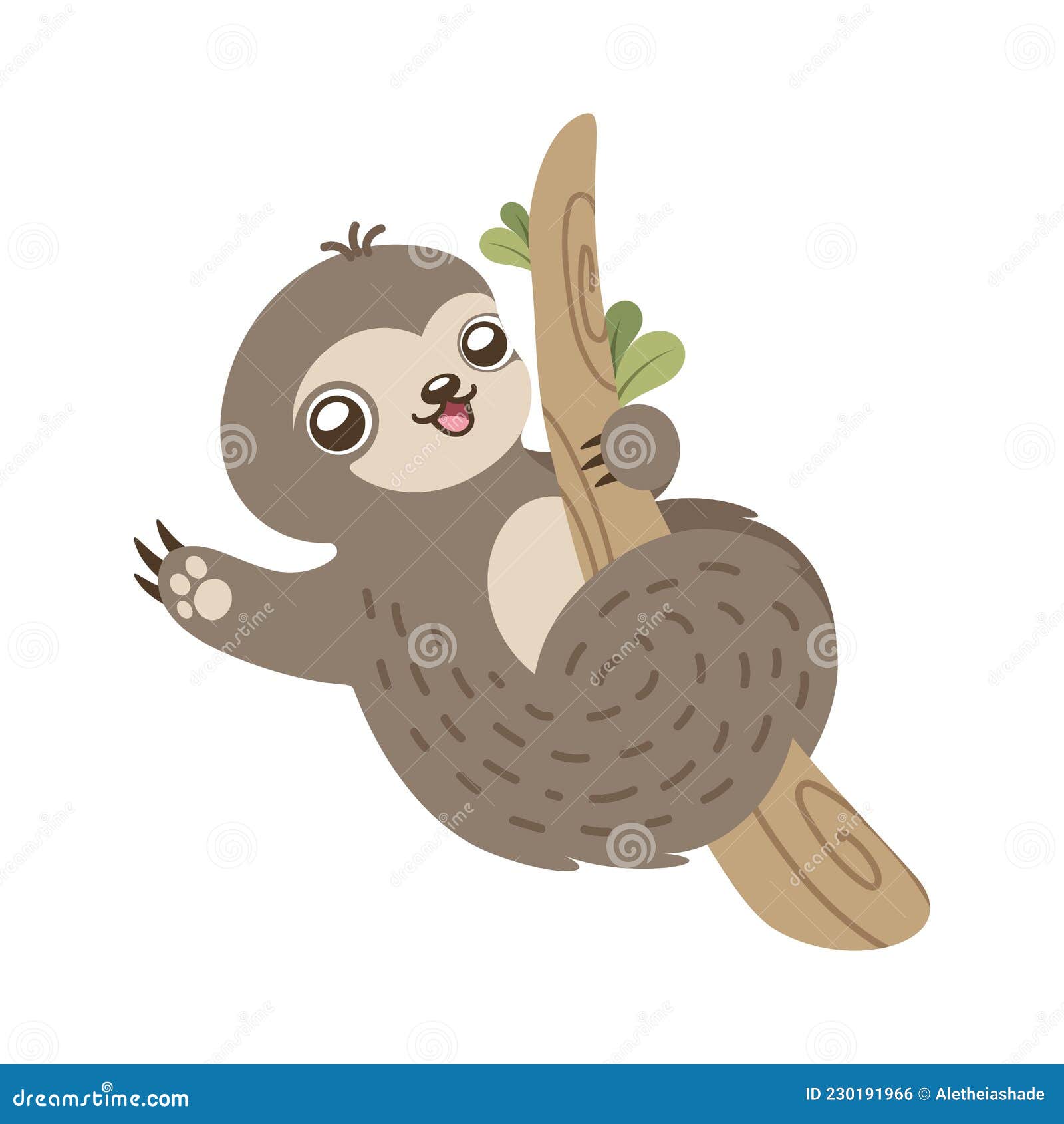 Cute Waving Sloth Hanging on a Branch Clipart Vector Illustration ...