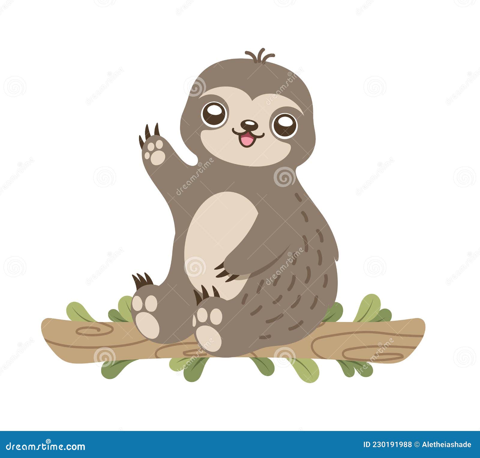 Cute Waving Sloth Sitting on a Branch Clipart Vector Illustration ...