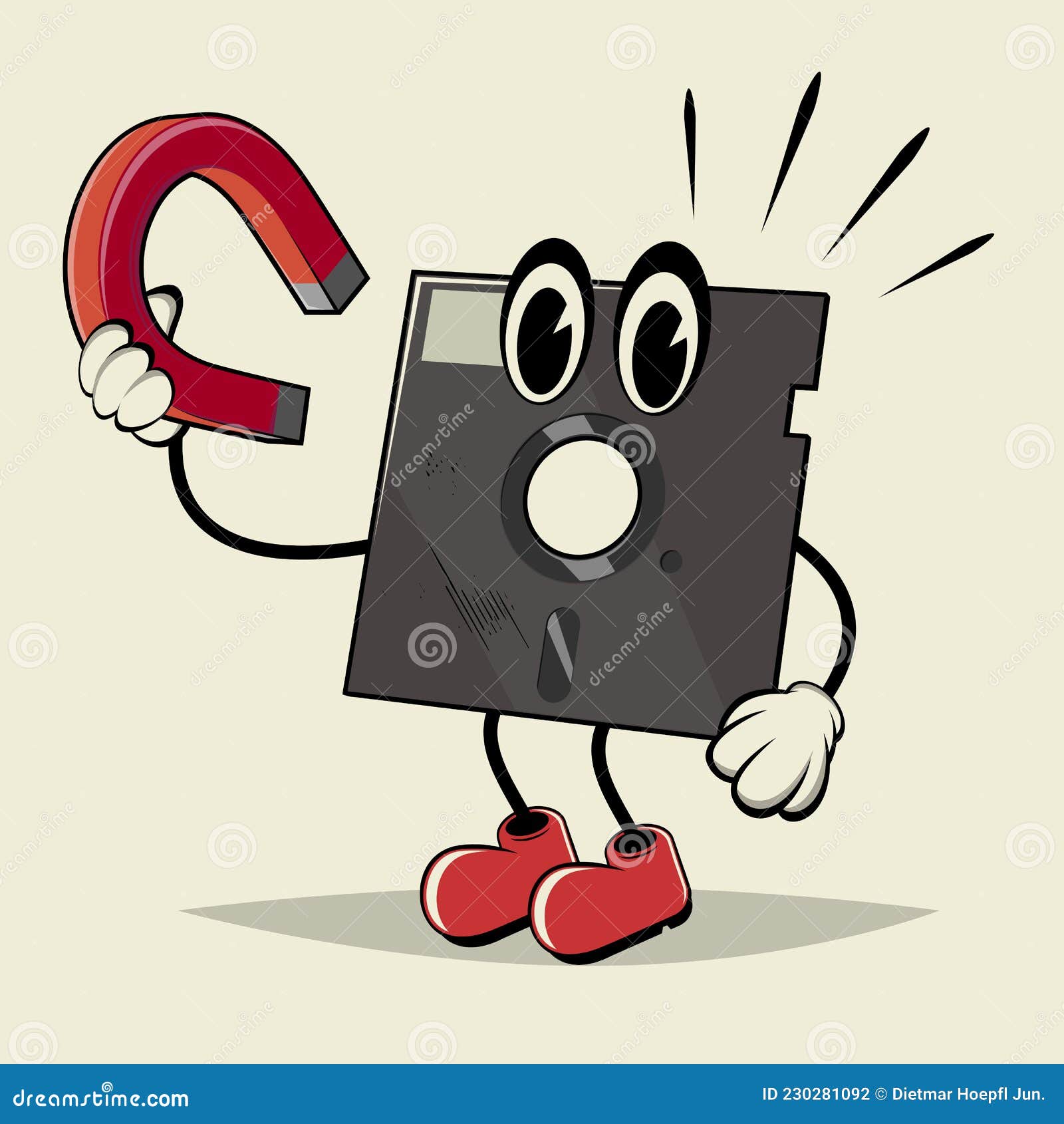 Retro Cartoon Floppy Disc Holding Big Magnet Stock Vector ...