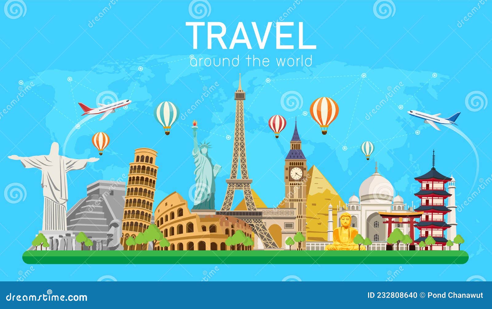 Big Set Of Famous Landmarks Of The World. Travel Around The World. Road ...