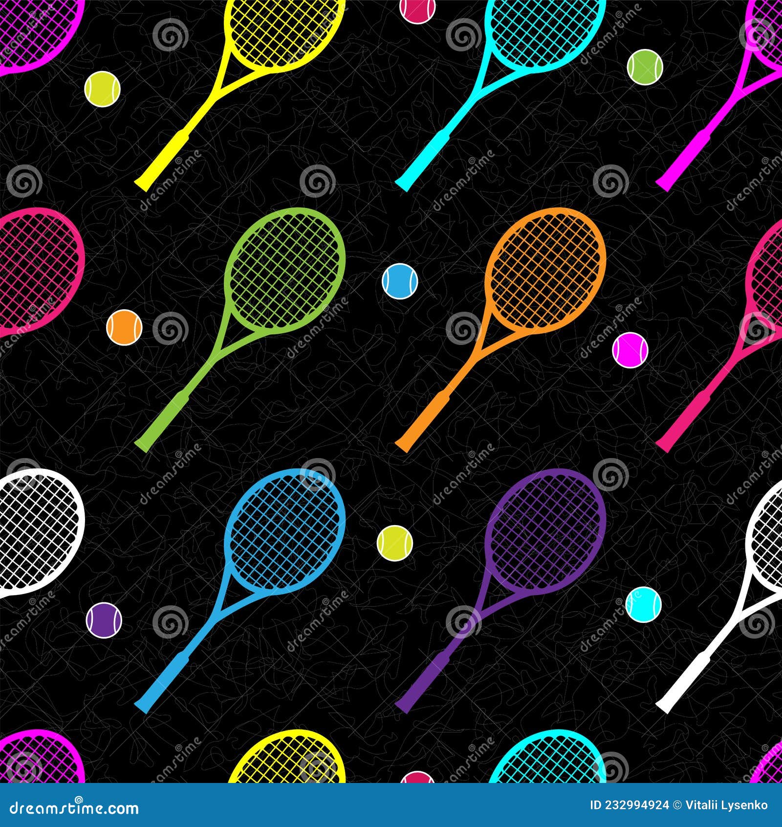 Abstract Seamless Pattern With Multicolored Tennis Rackets And Ball