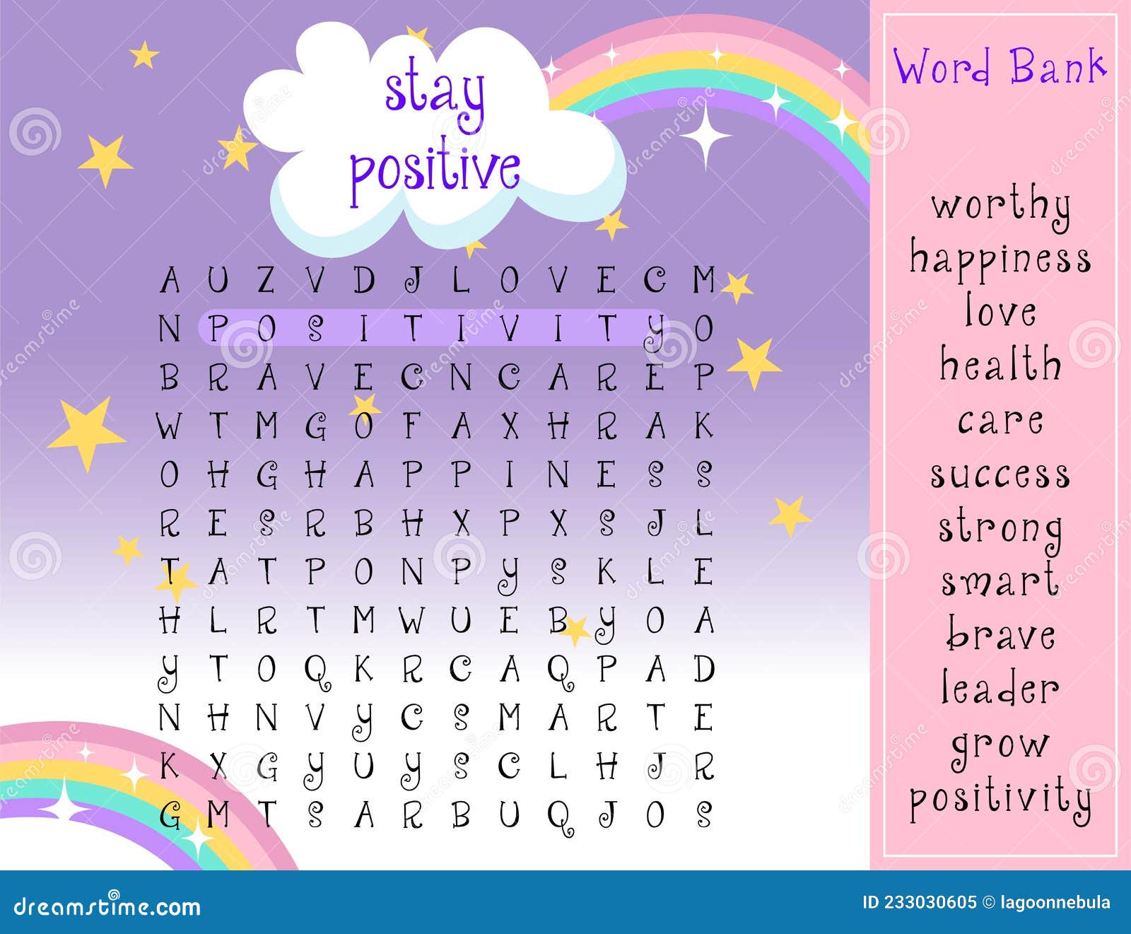 Stay Positive Word Search Puzzle. Activity Game Page To Attract an ...