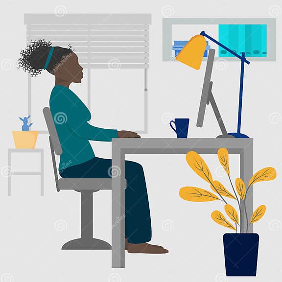 American Black Woman Works at a Computer. Modern Office Background ...