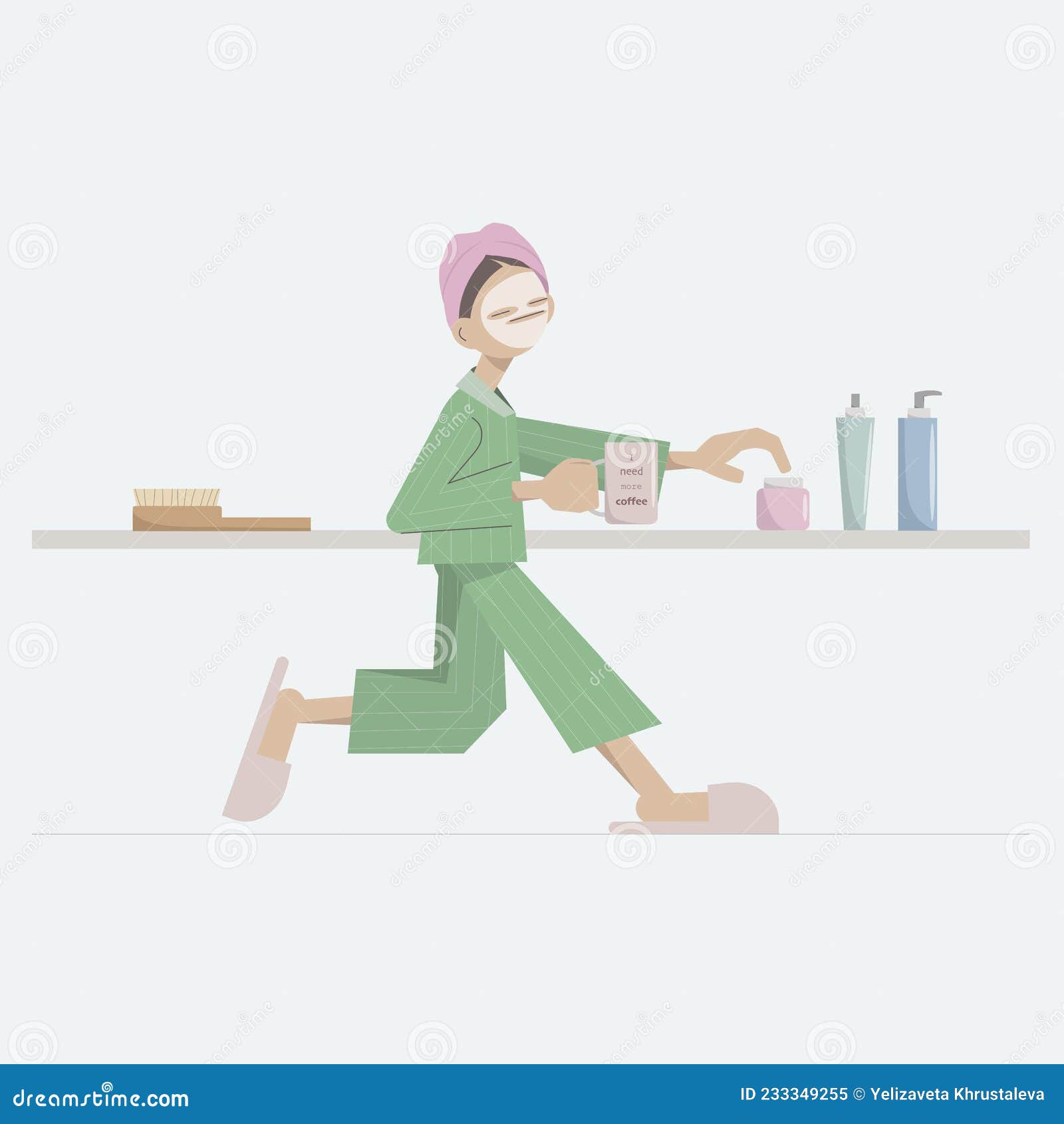 Beauty Routine. Funny Cartoon Young Lady in and Various Cosmetics Stock ...