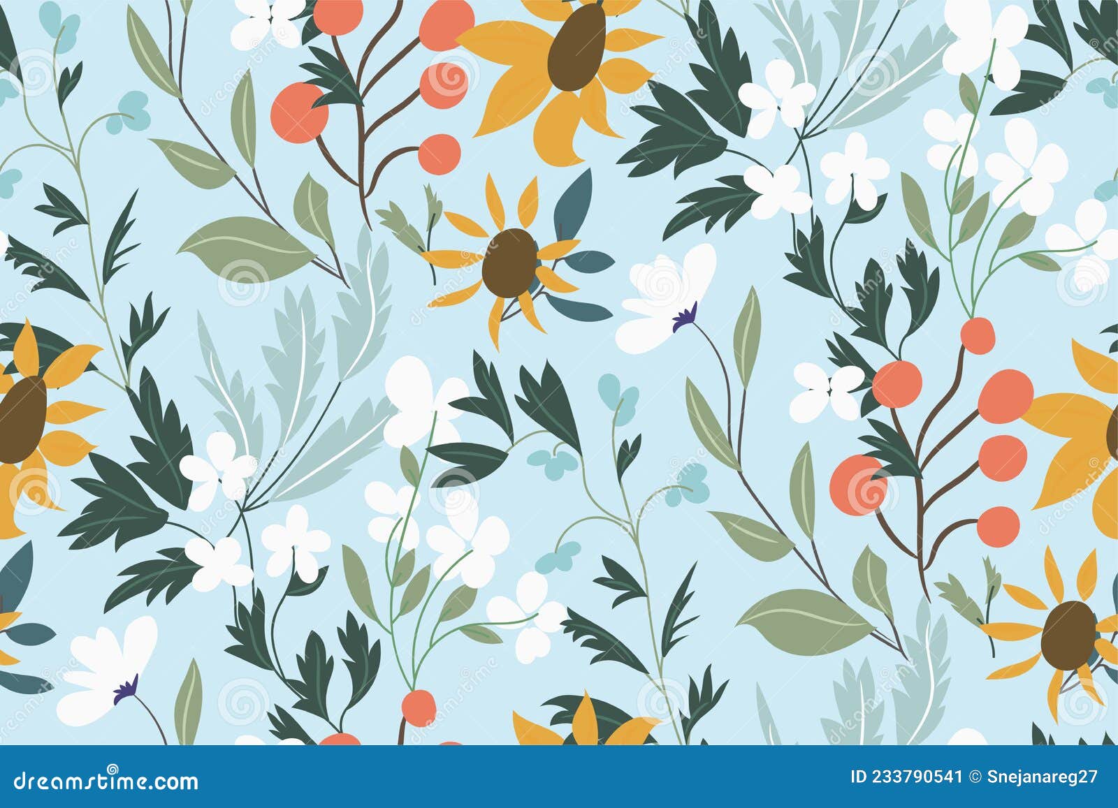 Seamless Floral Pattern with Various Forest / Wild Flowers, Leaves ...