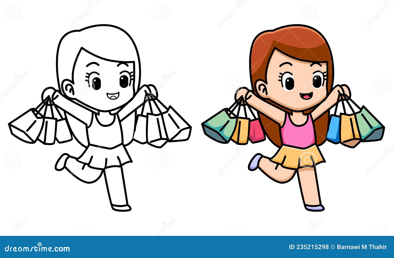 Cute Girl Shopping Coloring Page for Kids Stock Vector - Illustration ...