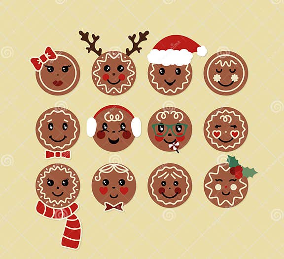 Set of 12 Gingerbread Faces with Different Emotions and Accessories ...