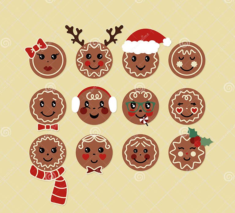 Set of 12 Gingerbread Faces with Different Emotions and Accessories ...