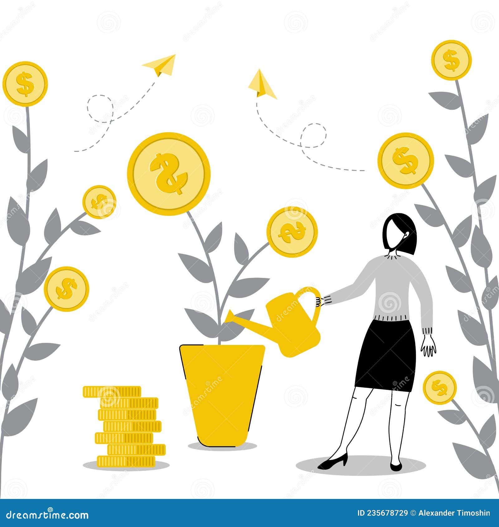 Saving And Increasing Money. Woman Grows A Money Tree. Cartoon Vector ...