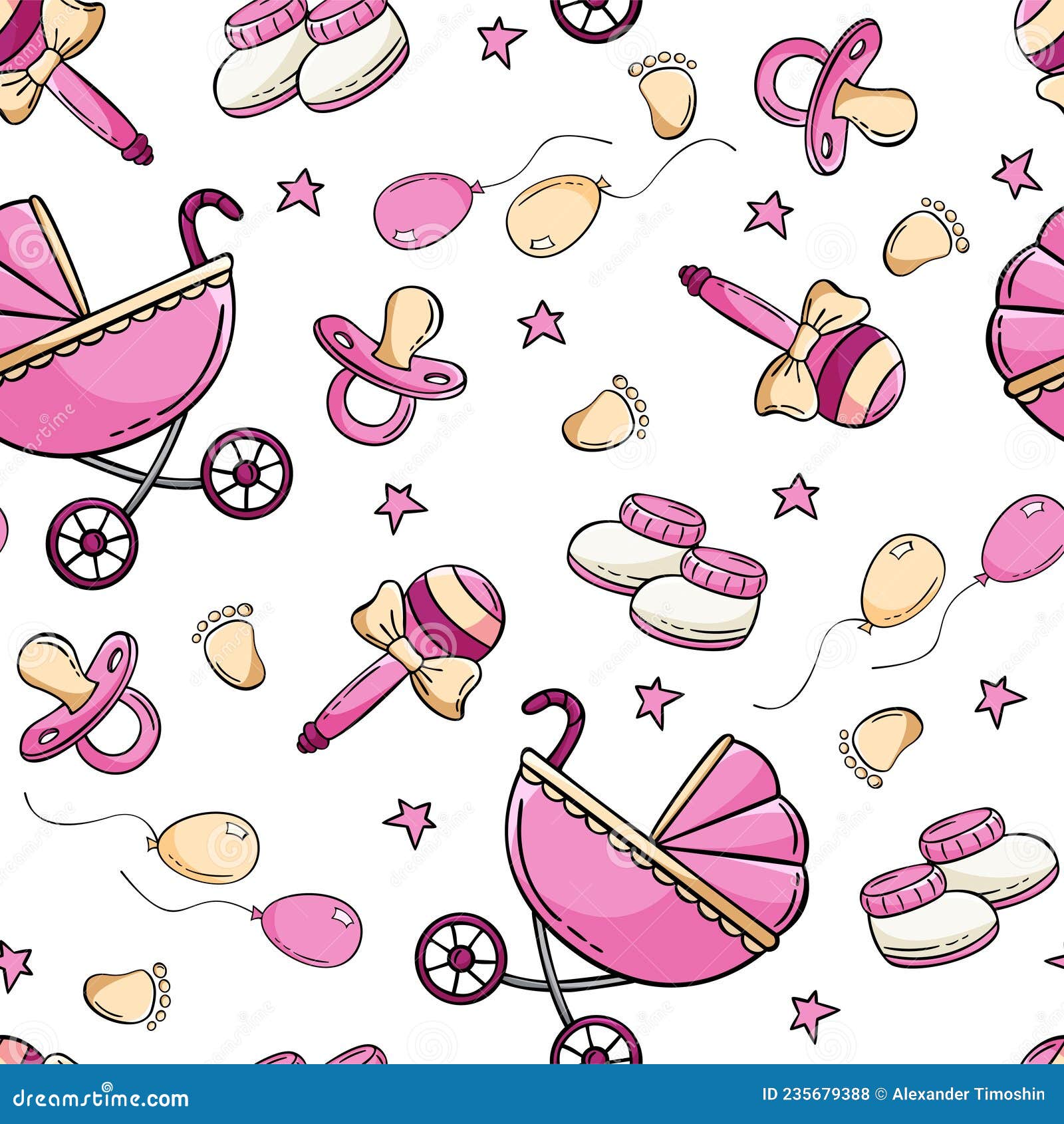 Hand Drawn Seamless Pattern with Baby Carriage, Rattle, Baby Bootie ...