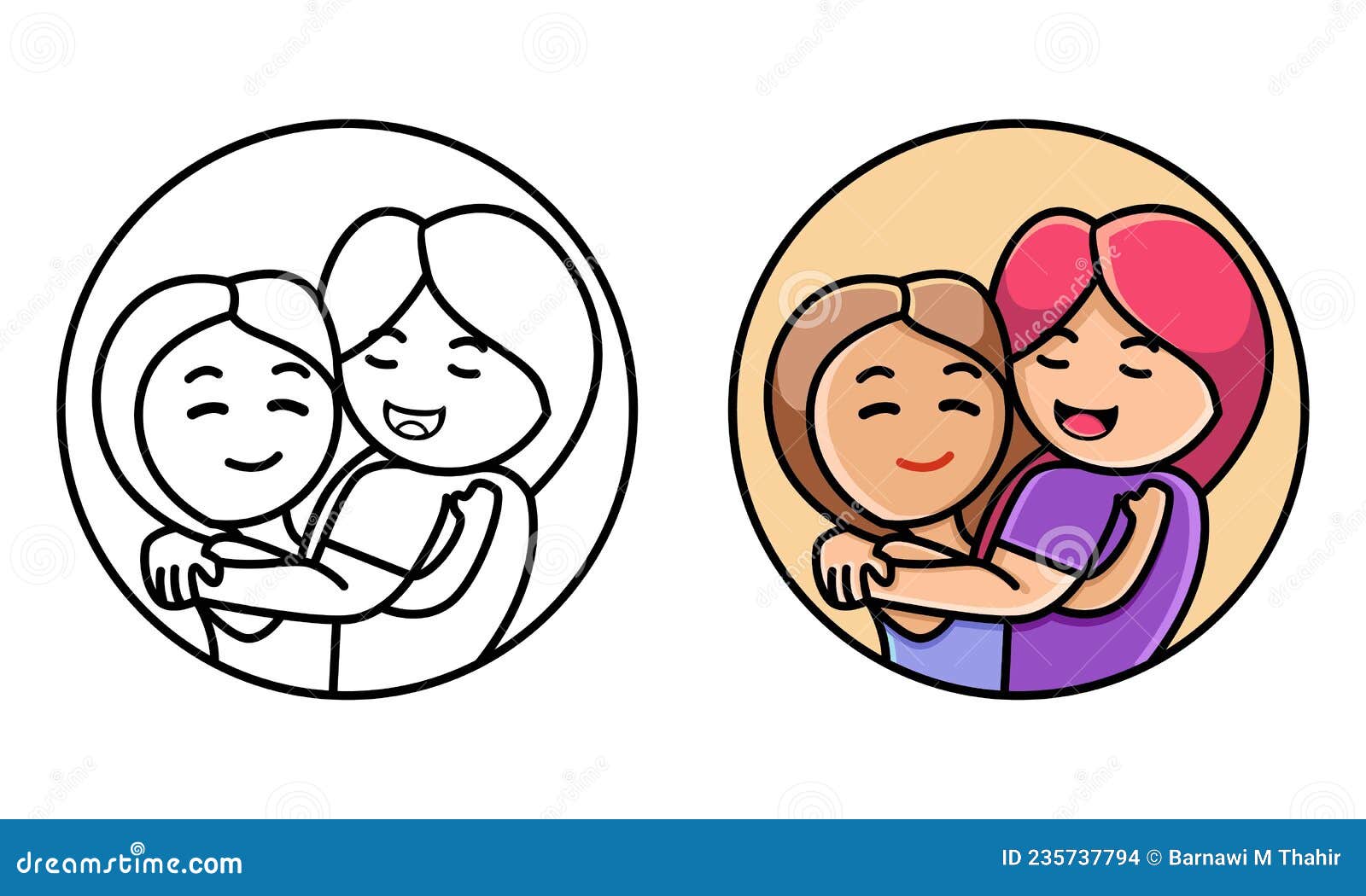 Two Lovely Happy Best Friends Girls Hugging Coloring Page for Kids ...