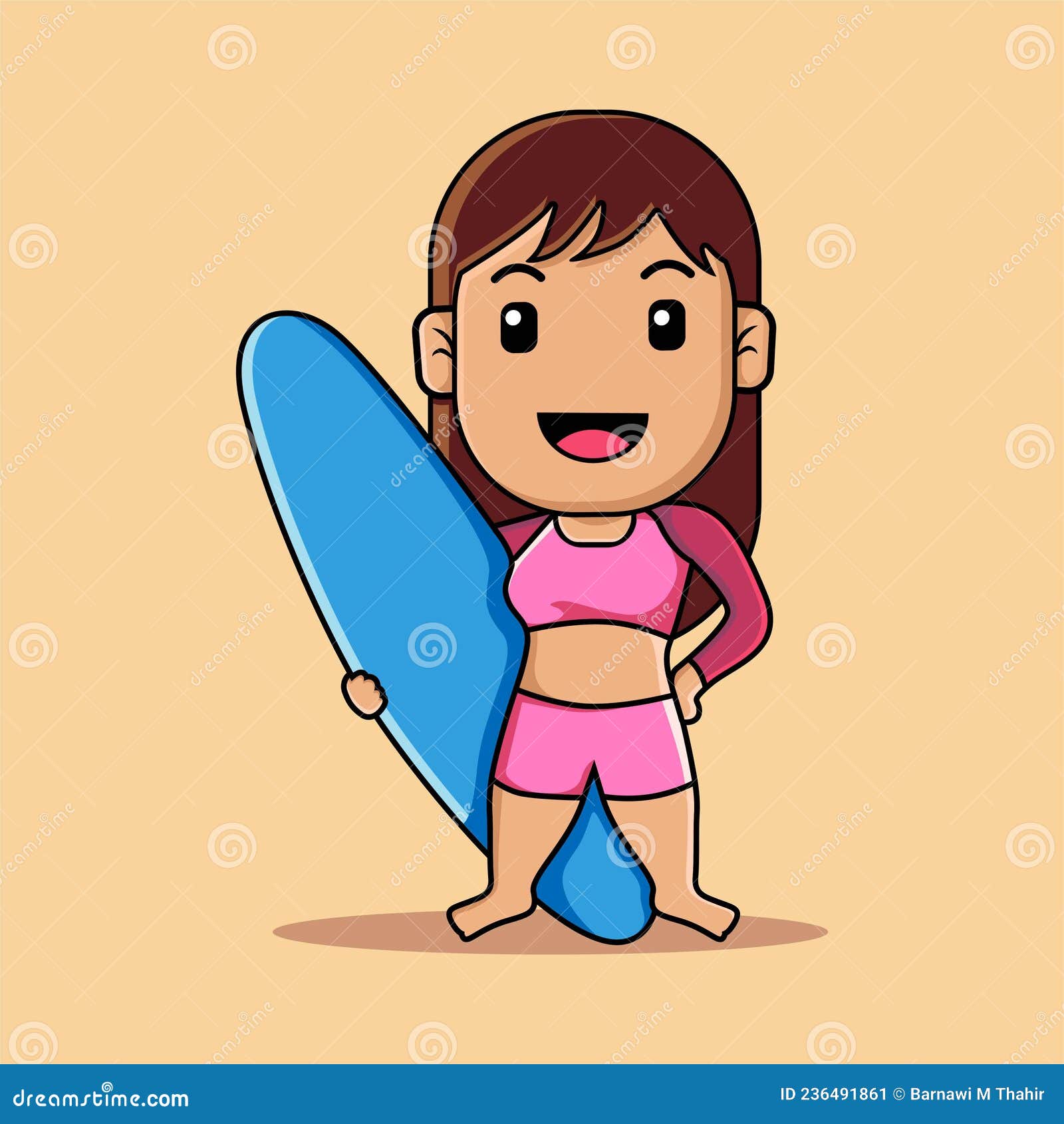 Cute Surf Girl with Surfboard Cartoon Stock Vector - Illustration of ...