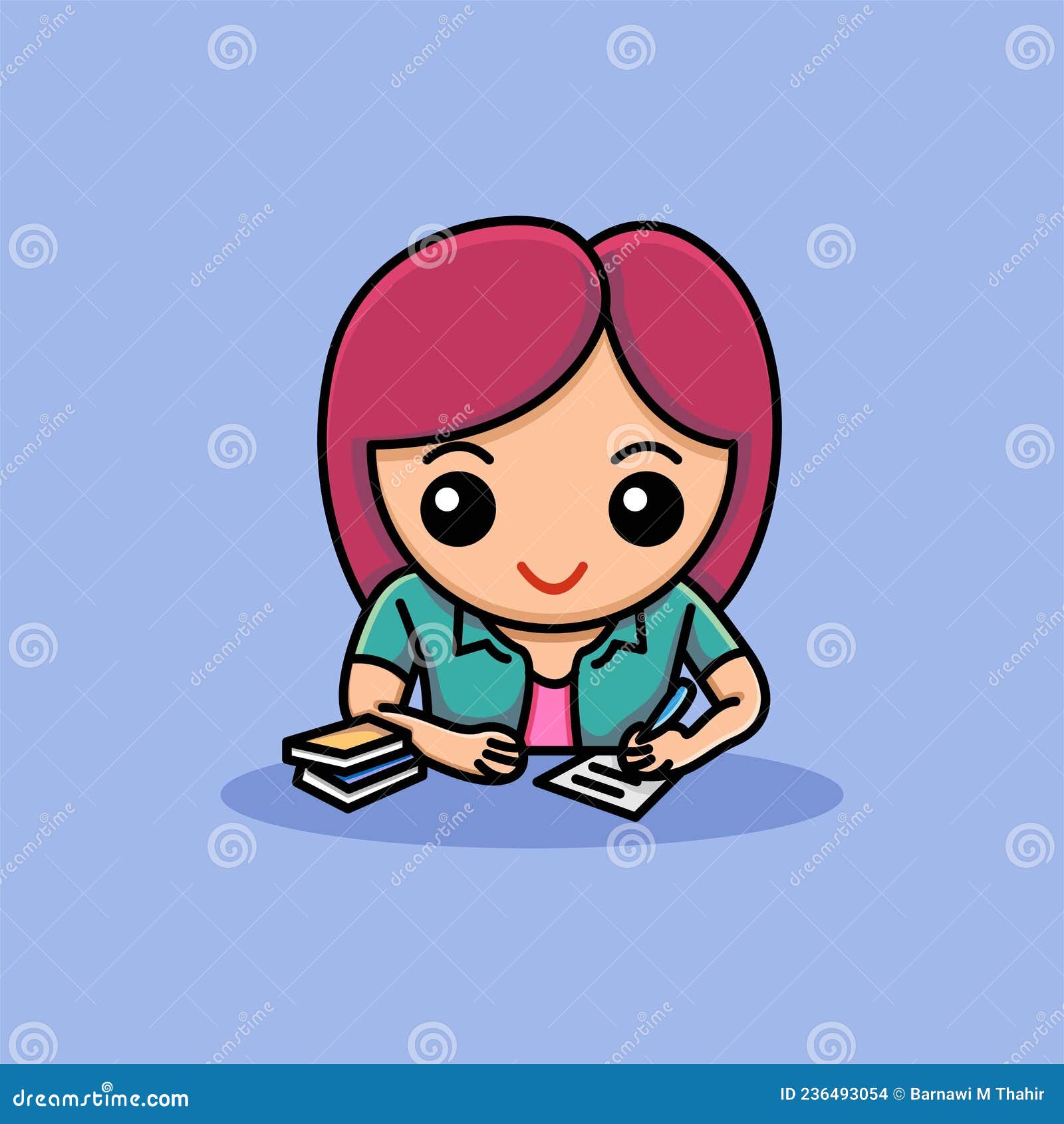 Cute Girl Writing for Homework, Study Concept Cartoon Stock Vector ...