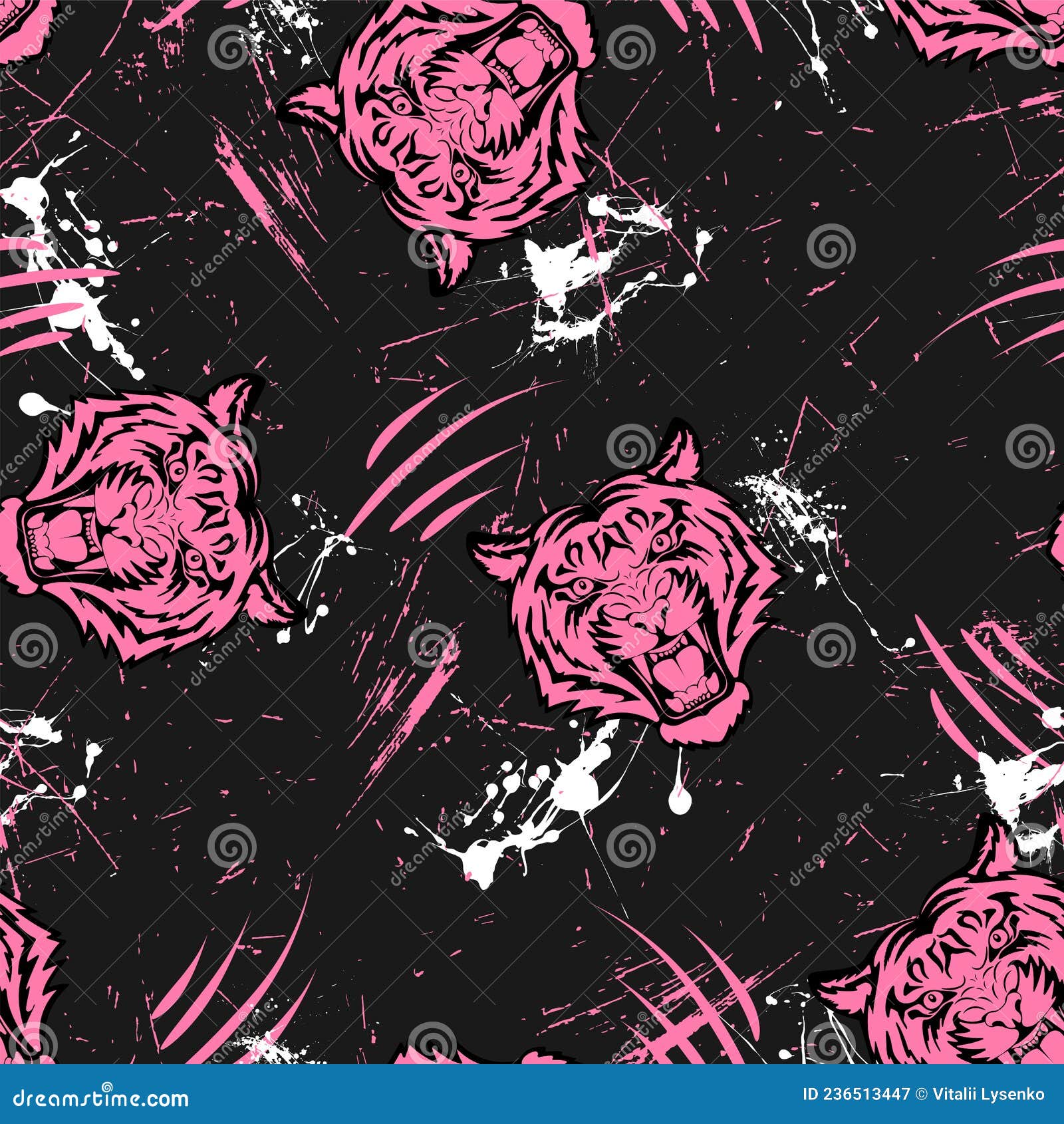Seamless Grunge Pattern with Pink Tiger Head and Grunge Texture. Stock ...