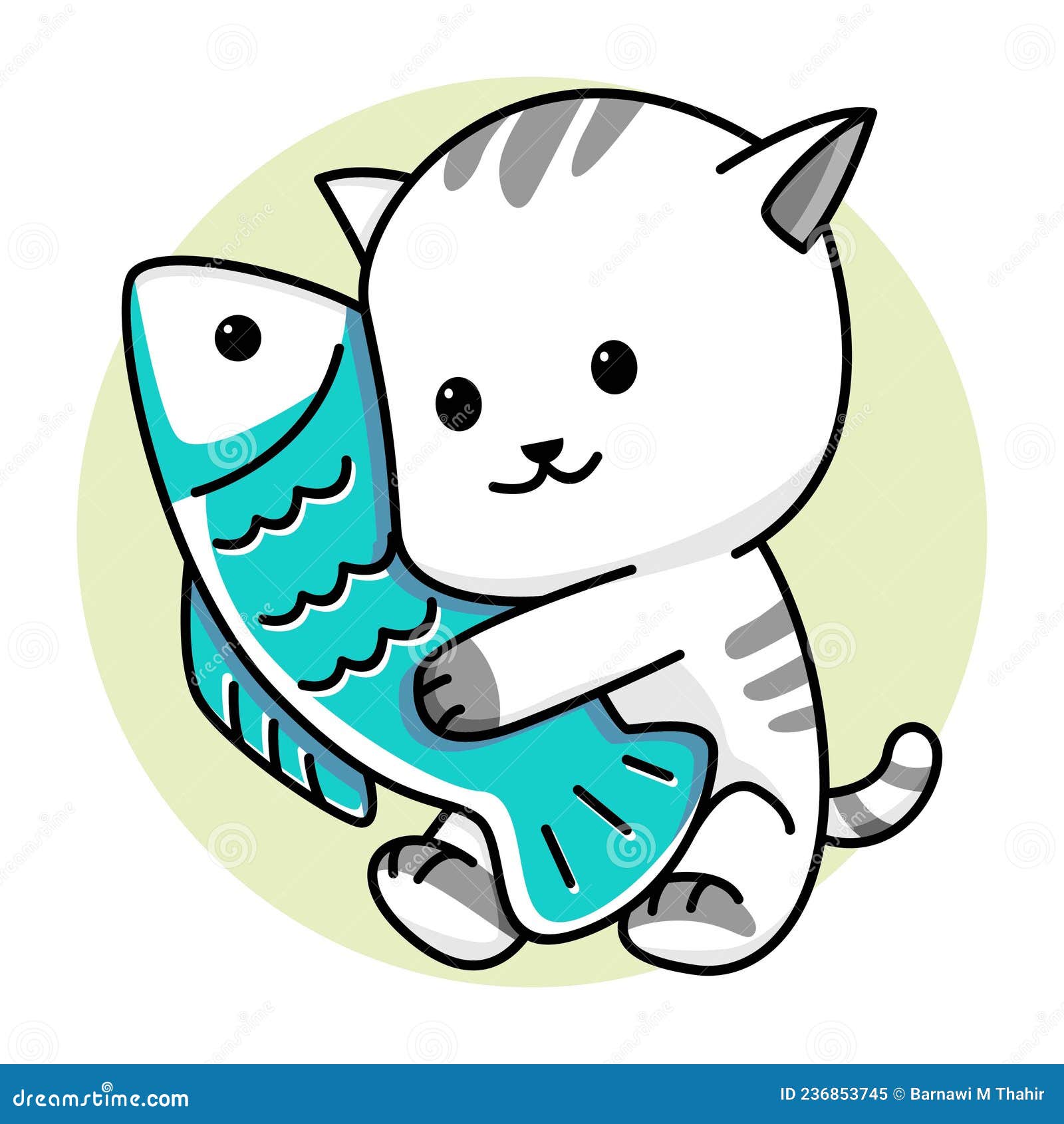 Cute cat with fish cartoon stock vector. Illustration of doodle - 236853745