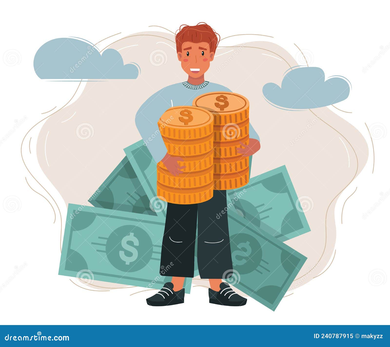 Cartoon Vector Illustration of Man Holding Huge Golden Dollar Coins ...