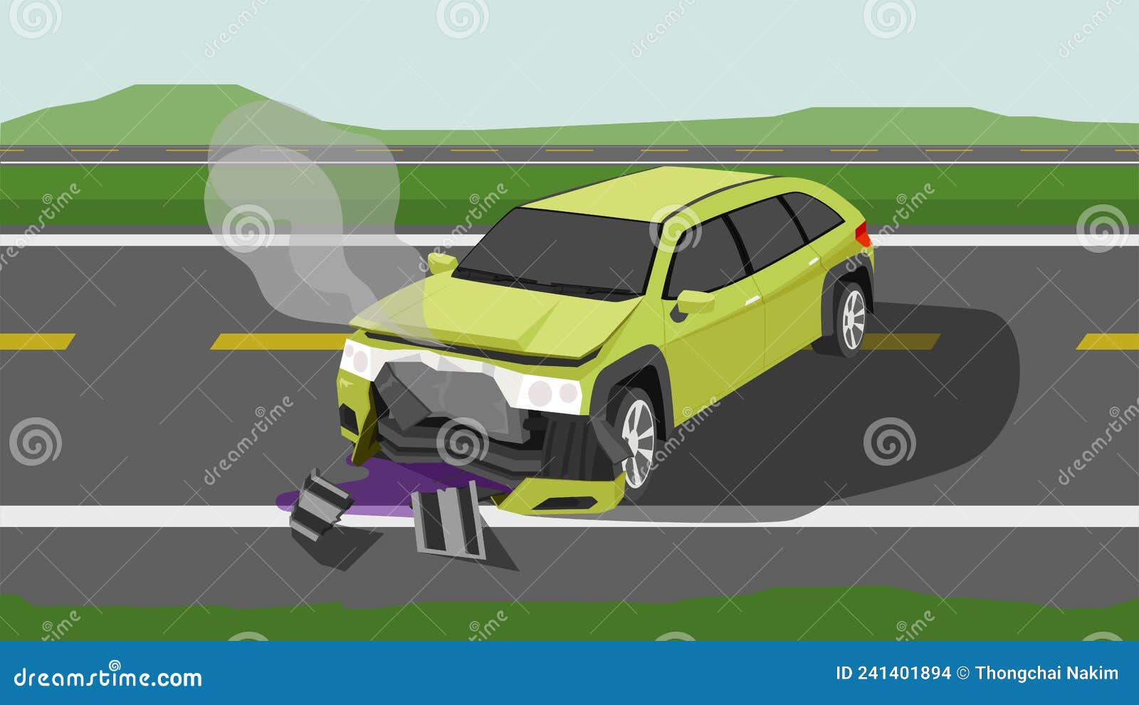 Cartoon Accident Of A Passenger Car. Bonnet Was Opened And The Front ...