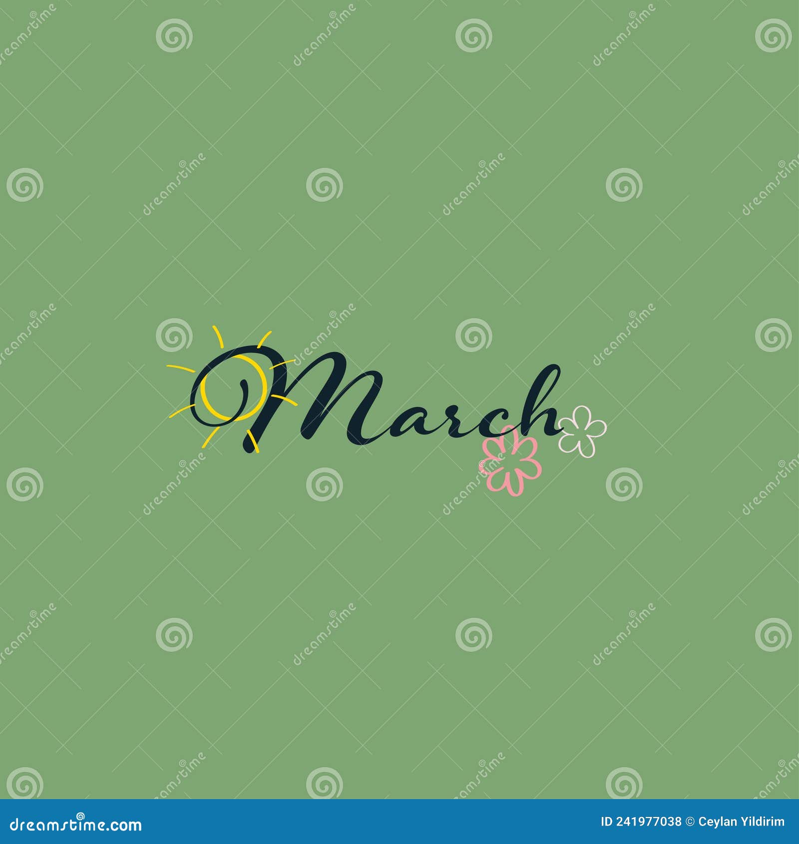 March Handwritten Text with Sun and Flowers. Spring Concept on Green ...