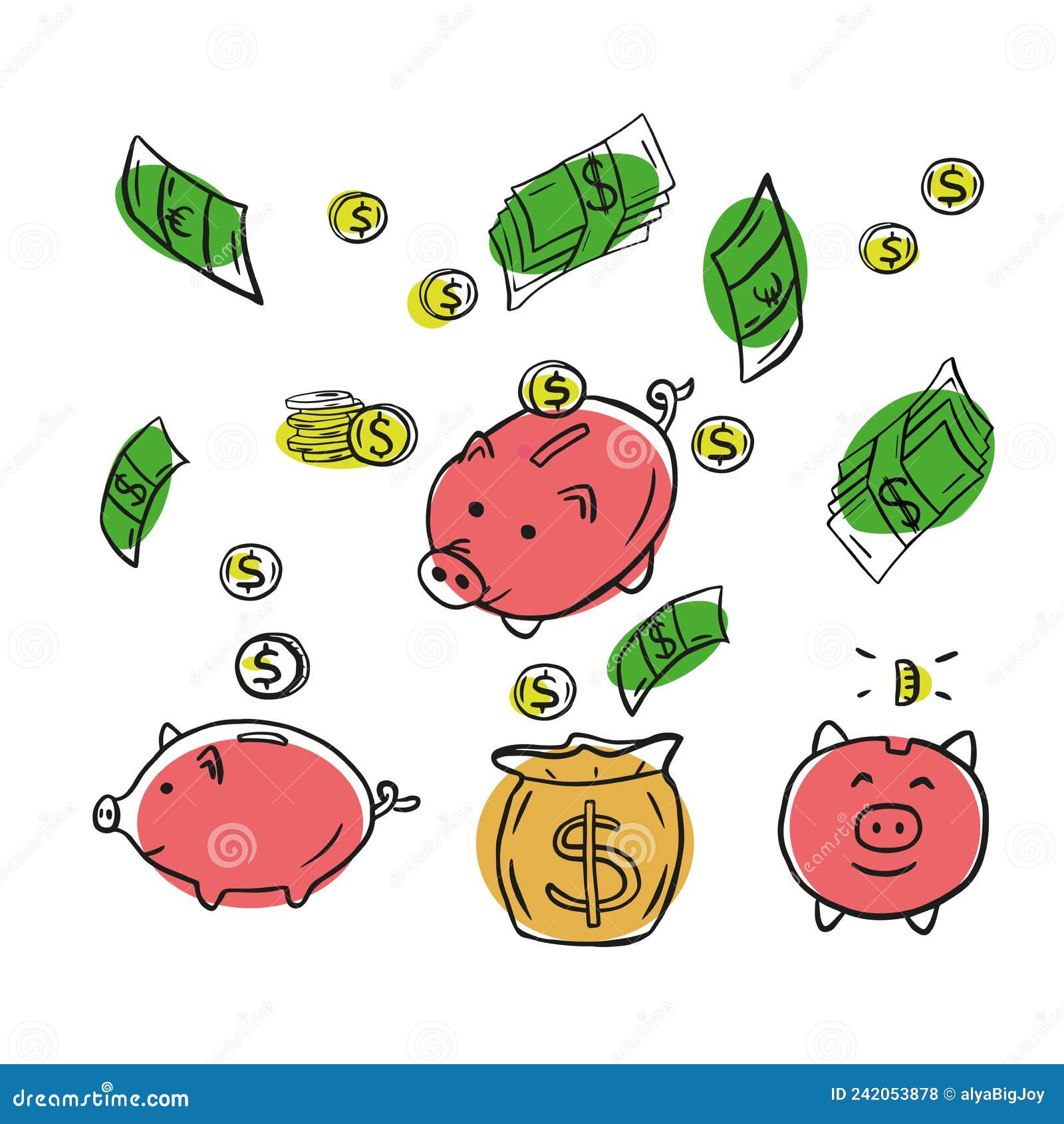 Money and Coins Doodles. Illustration of Finance and Currency.Pink ...