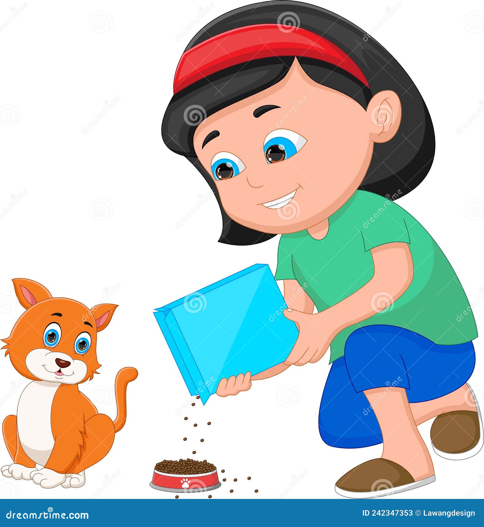 Little Girl Giving Food To Cat Stock Vector - Illustration of happy ...