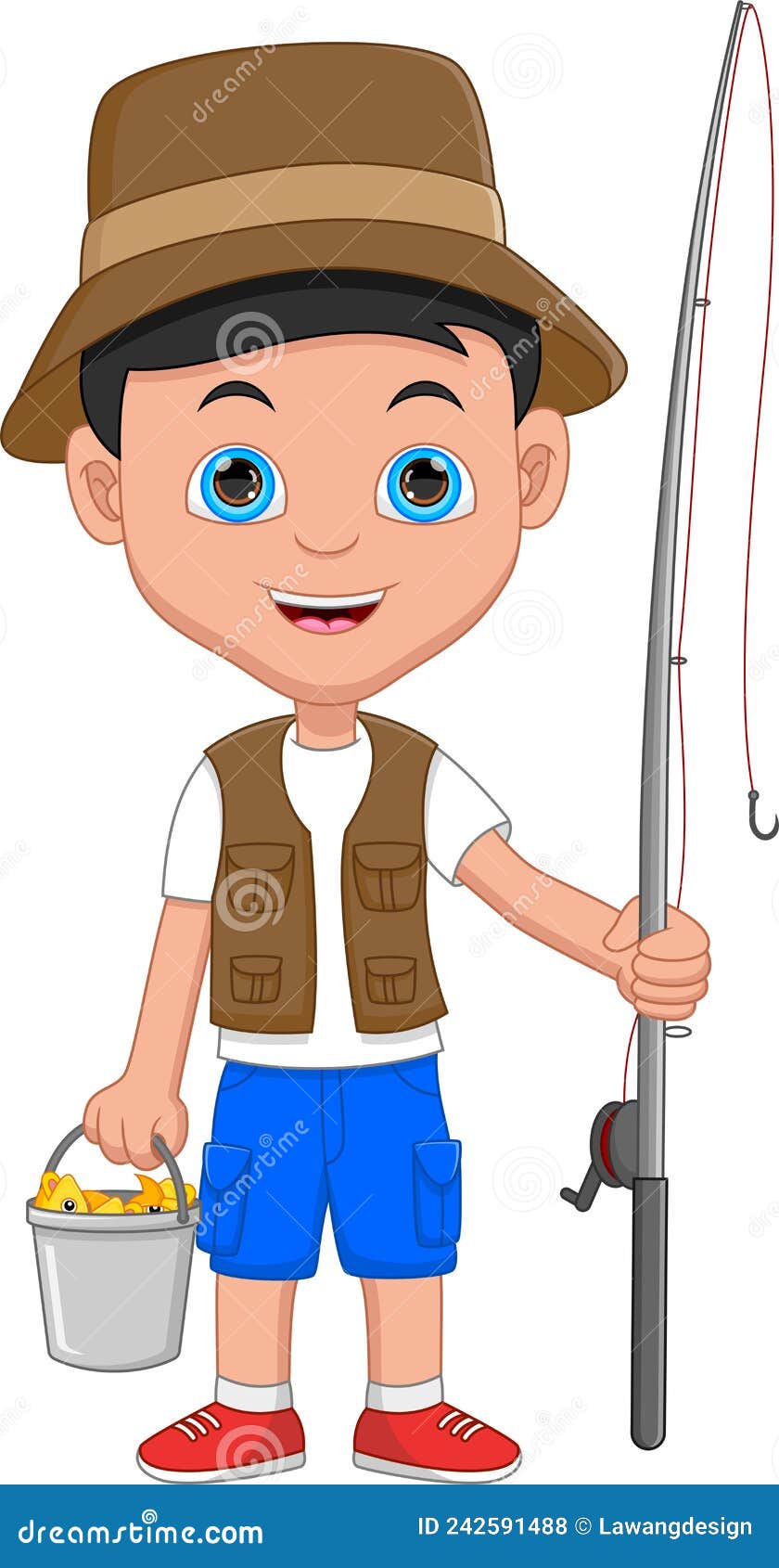 Little Angler and His Fish in the Bucket Stock Vector - Illustration of ...