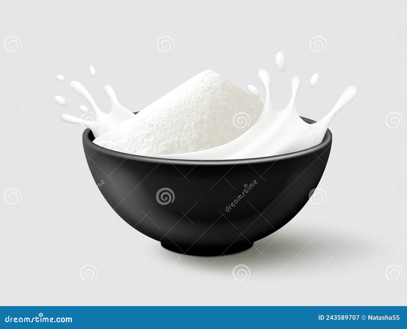 Powdered Milk in a Black Bowl with Milky Splash Isolated on Gray ...