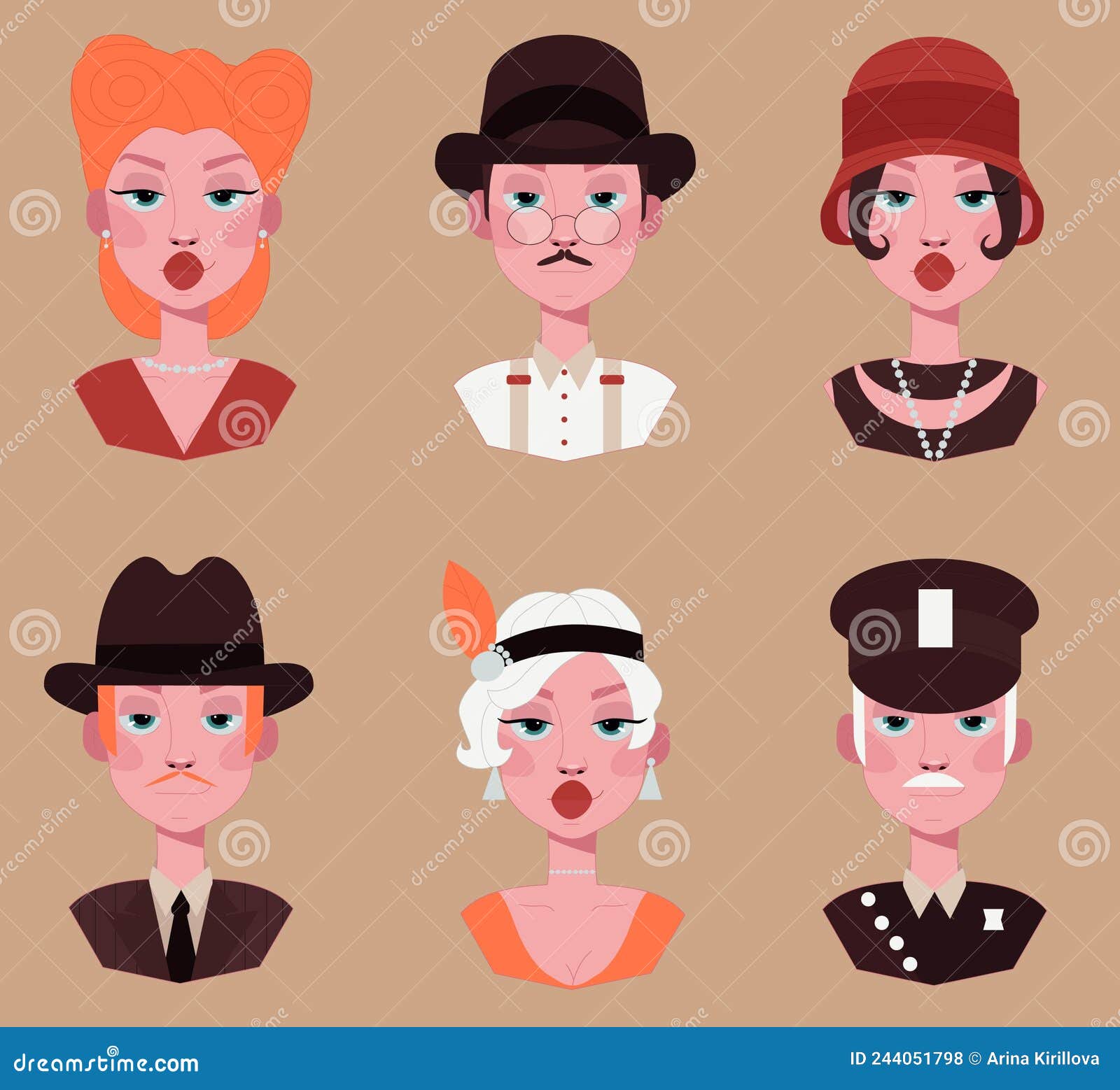 Three Women and Three Men Vintage Heads of Characters of the 20s Stock ...