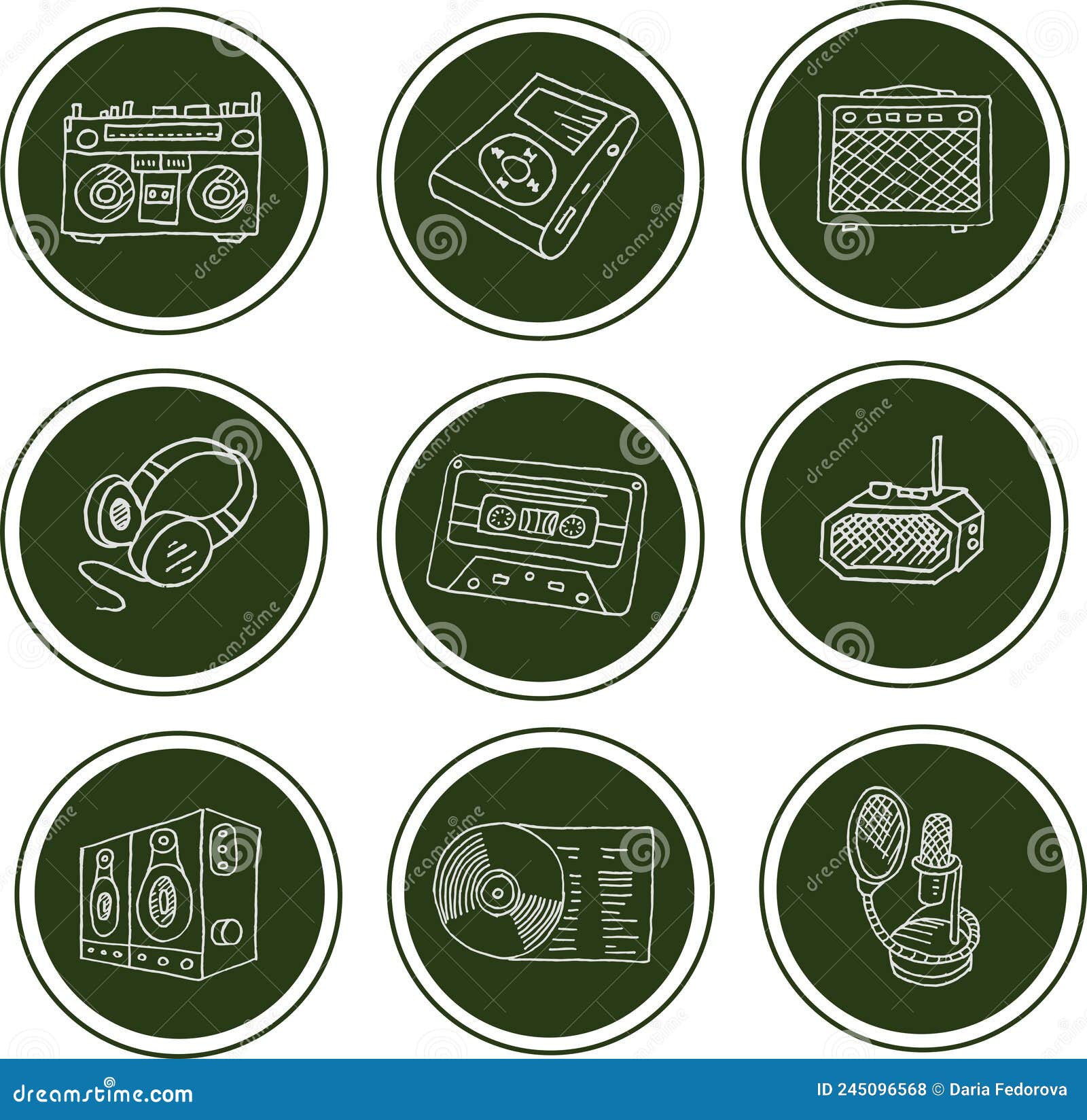 Chalk Retro Music Items Icons. Boombox, Radio, Amp, Mp3 Player, Buttons ...
