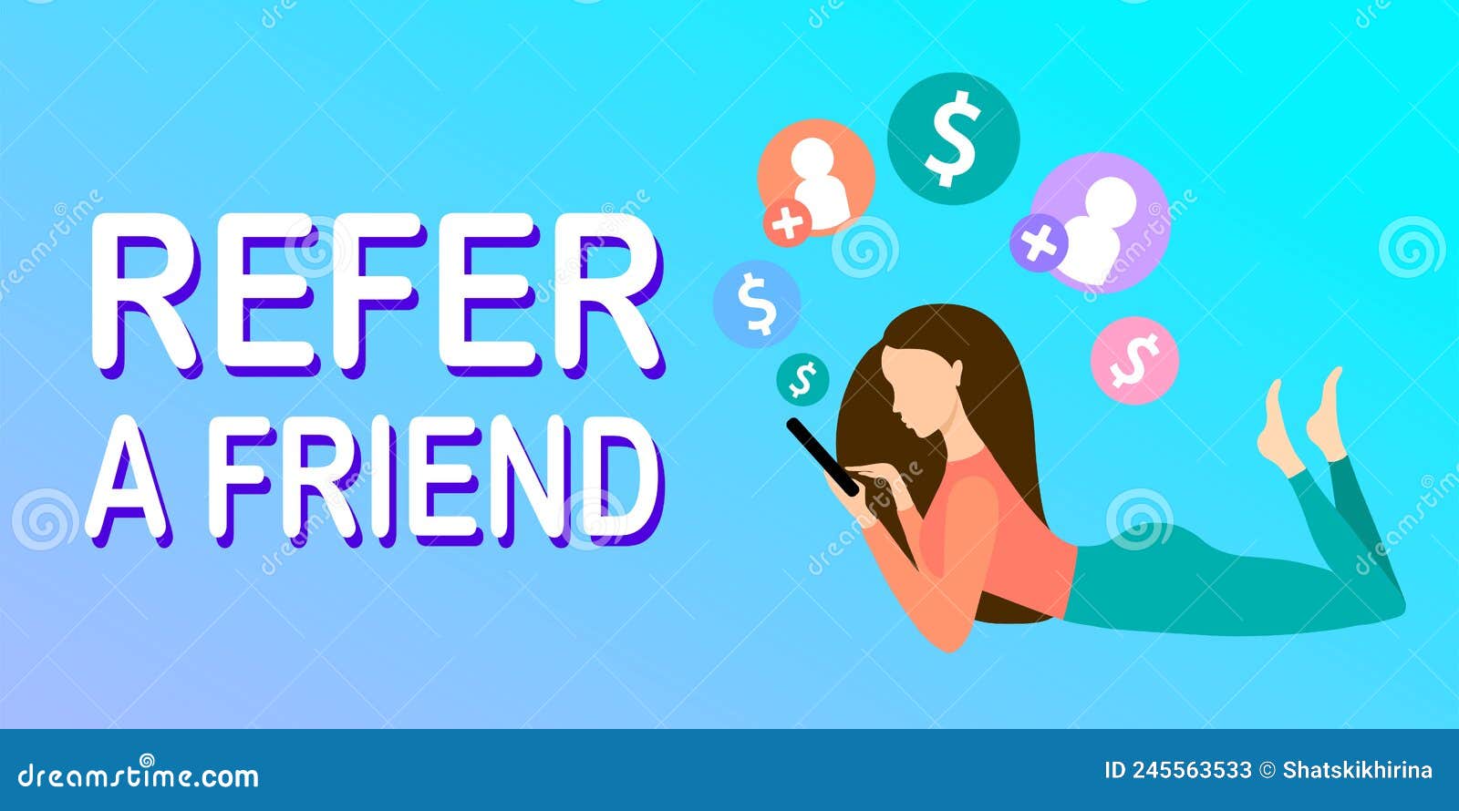 Refer a Friend. Referral Program. Bonus Reward. Girl Using Smartphone ...