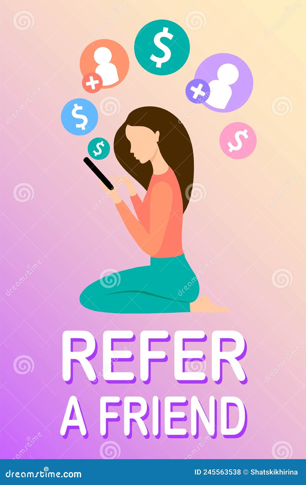 Refer a Friend. Referral Program. Bonus Reward. Girl Using Smartphone ...