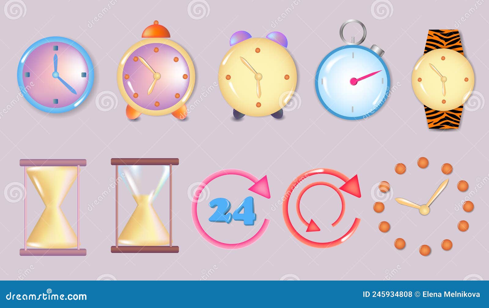A Set of Cute Multicolored Time and Clock Icons. Stock Vector ...