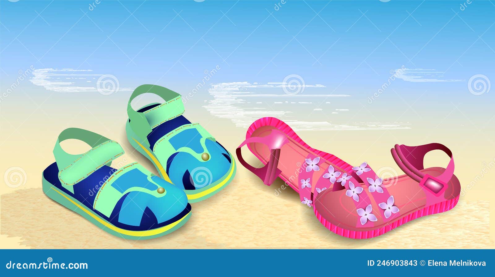 Bright Children S Sandals on a Sandy Beach Stock Vector - Illustration ...