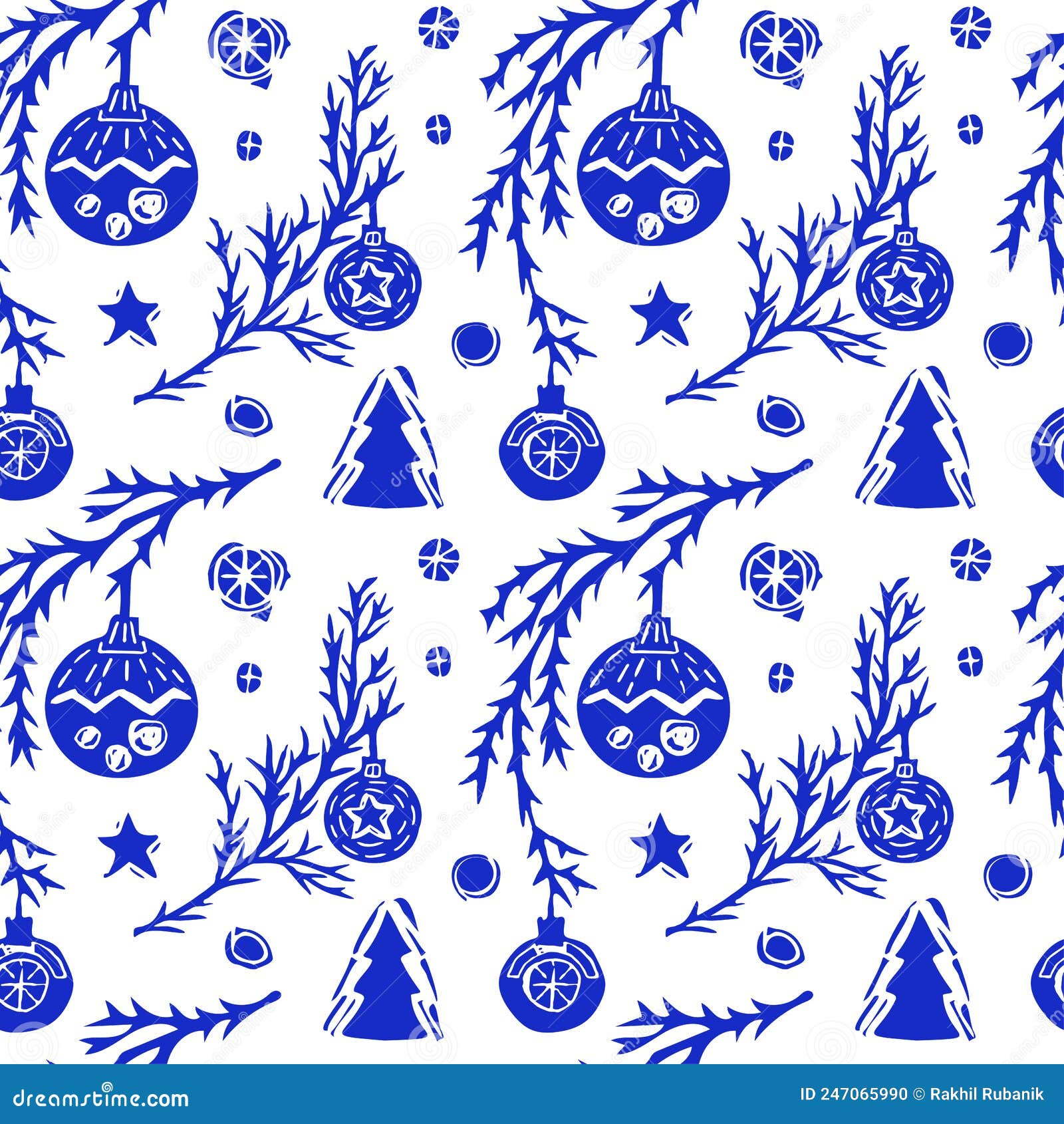 Christmas Vector Seamless Pattern. Blue and White Linocut Stock Vector ...