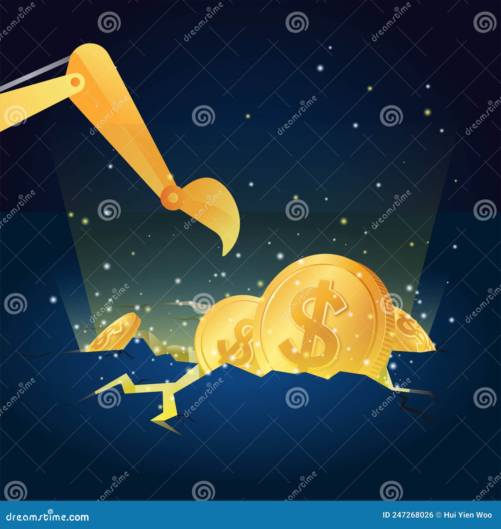 Dig Glowing Gold Money in Cracked Hole with Craw Machine Illustration ...