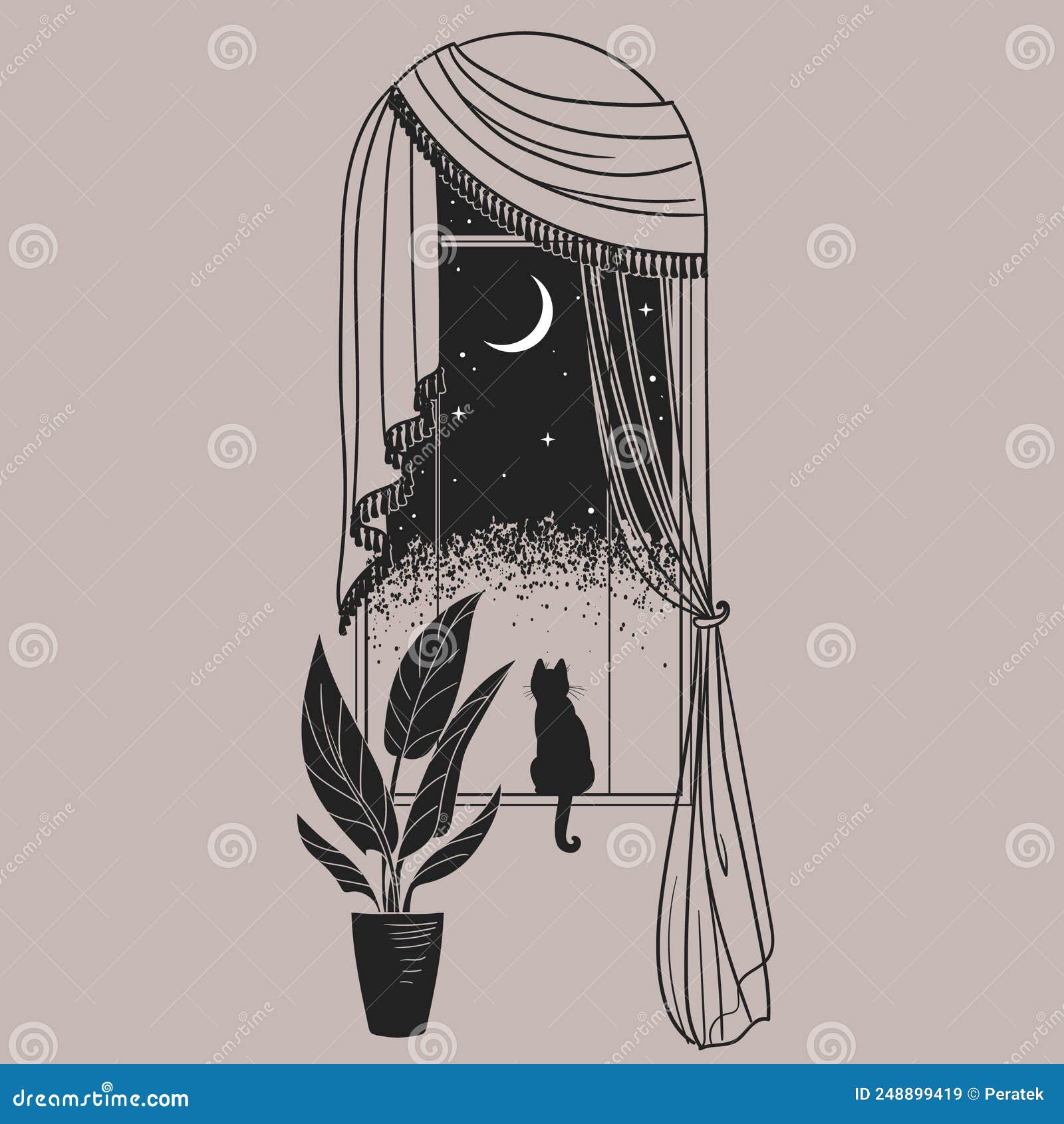 Cat Sitting on a High Window with Beautiful Curtains. Vector Hand Drawn ...