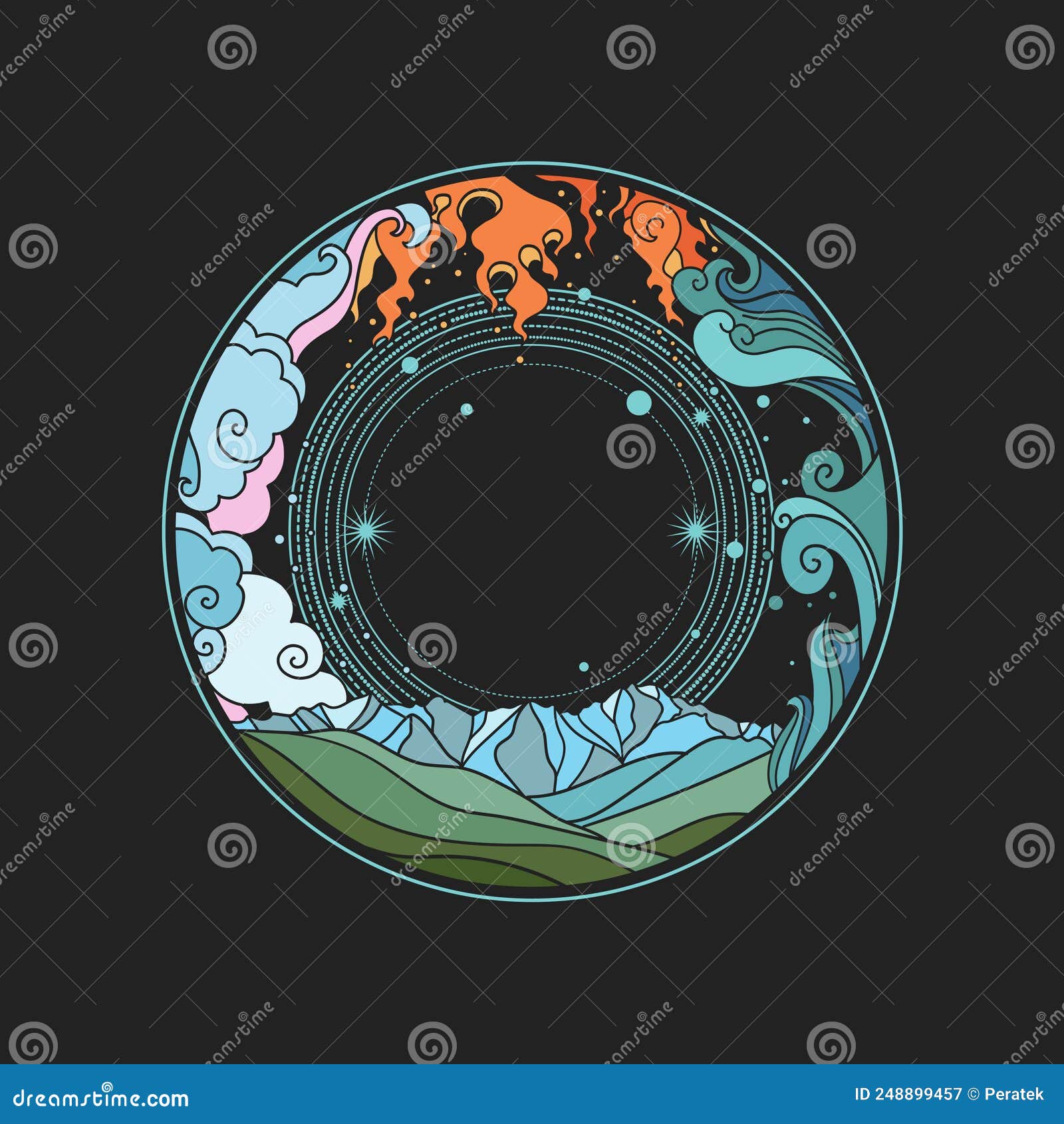 Four Elements of Nature in the Circle. Vector Illustration on Black ...