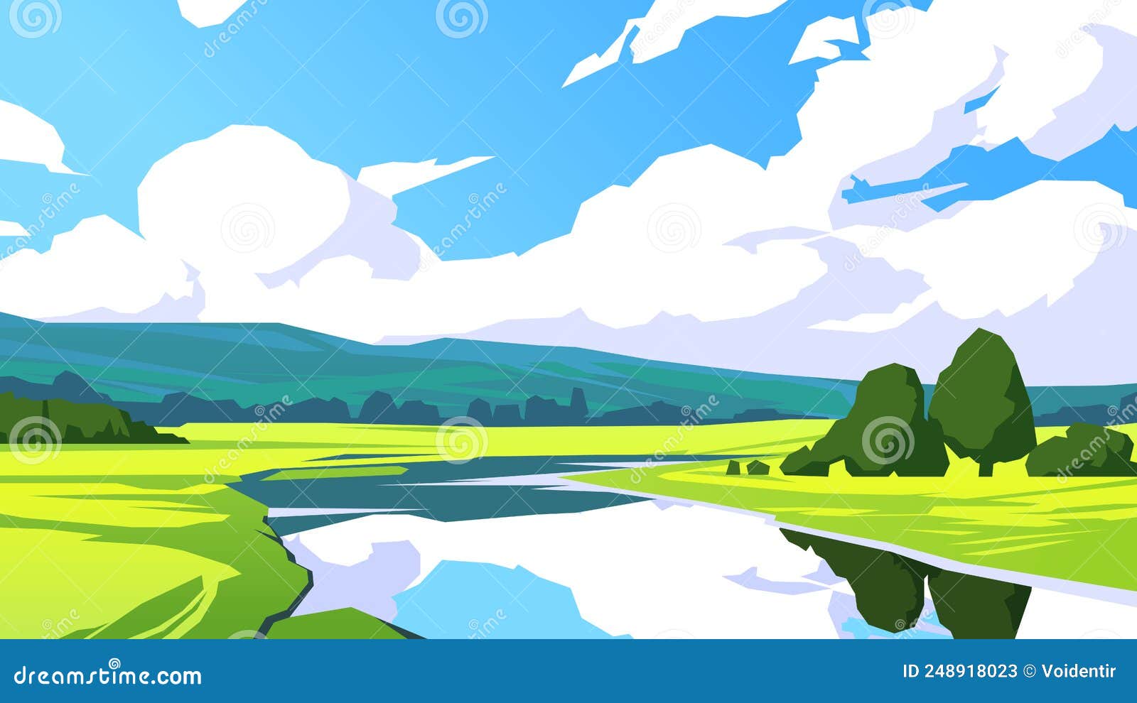 Landscape with River Reflection and Clouds Stock Vector - Illustration ...