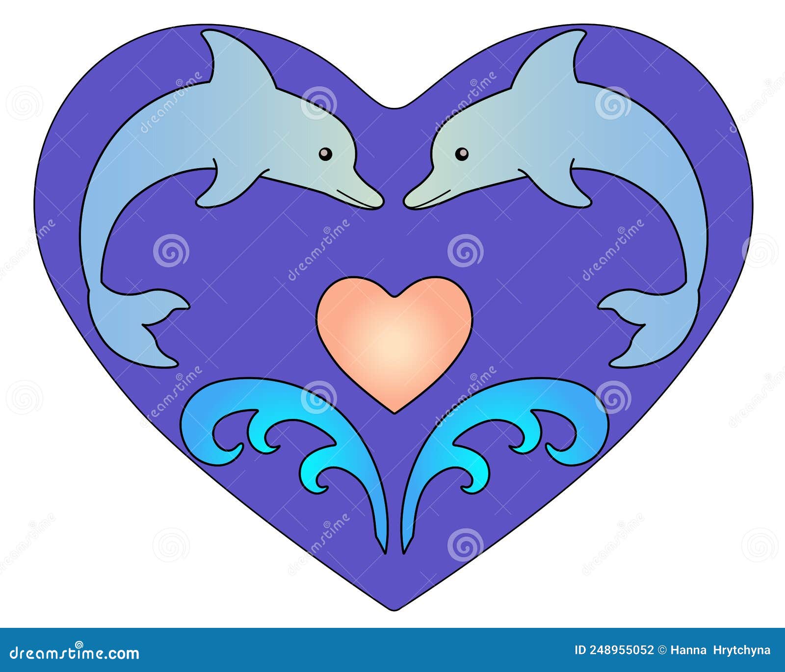 Dolphins and Sea Waves in the Shape of a Heart - Vector Full Color ...